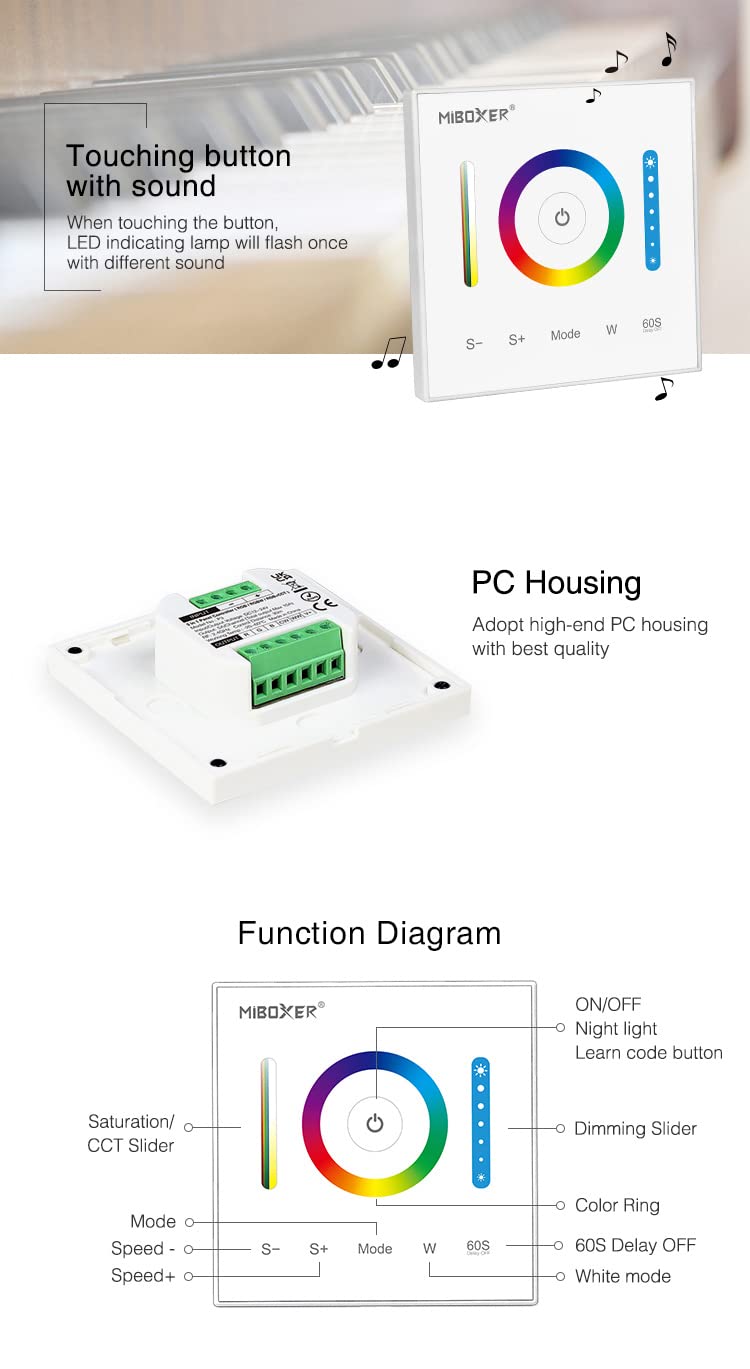 LGIDTECH P3 Miboxer Wall-Mounted Full Touch Panel Controller for 3528 5050 2835 RGB RGBW RGB+CCT Dimmable Color Changing LED Strip Lighting DC 12-24V 10A 120W 240W.Support Voice and DMX512 Control