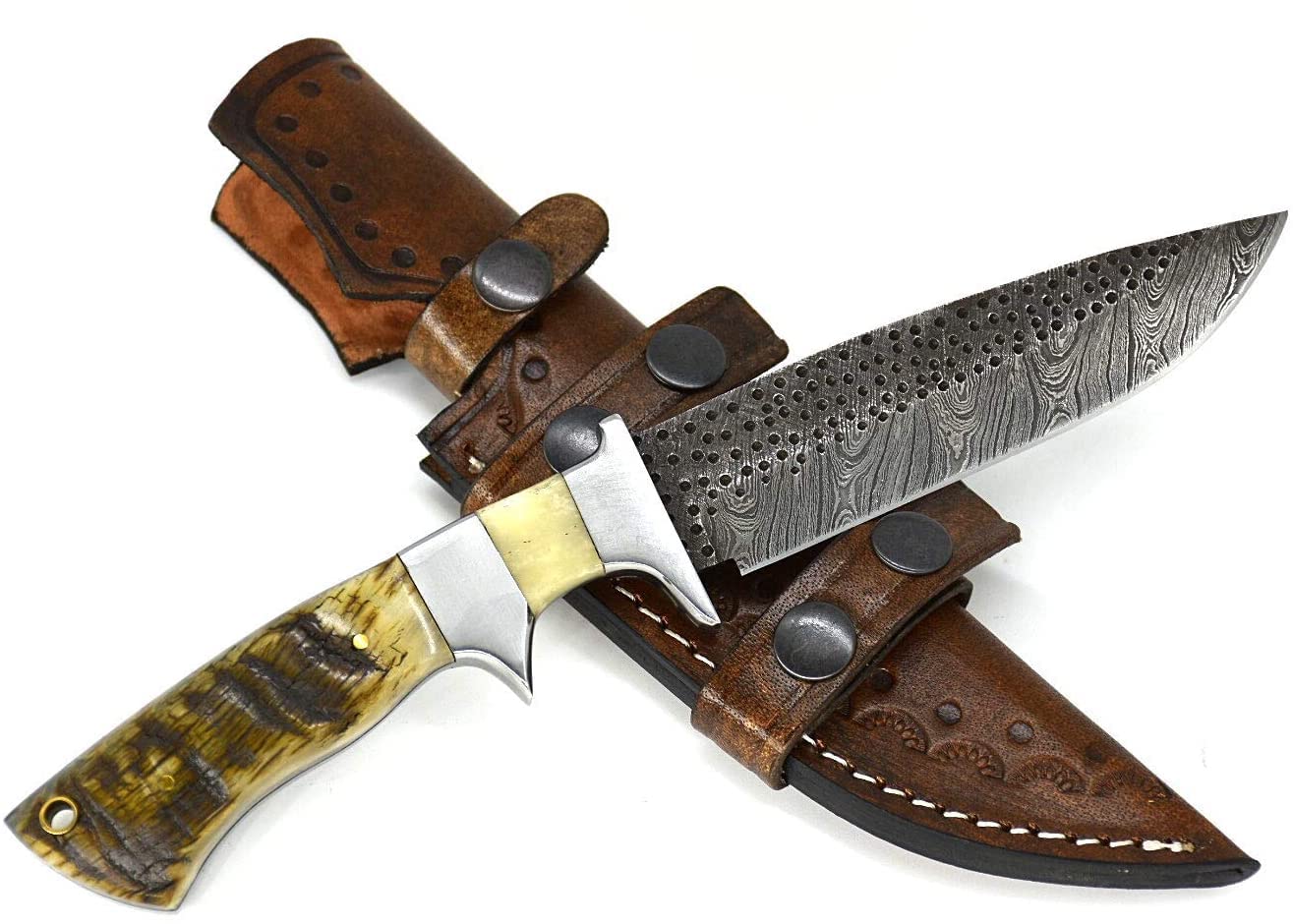 PSK83 - Handmade Damascus Hunting Knife Ram Horn Handle Full Tang Fire & Raindrop Patter - (PSK-83)