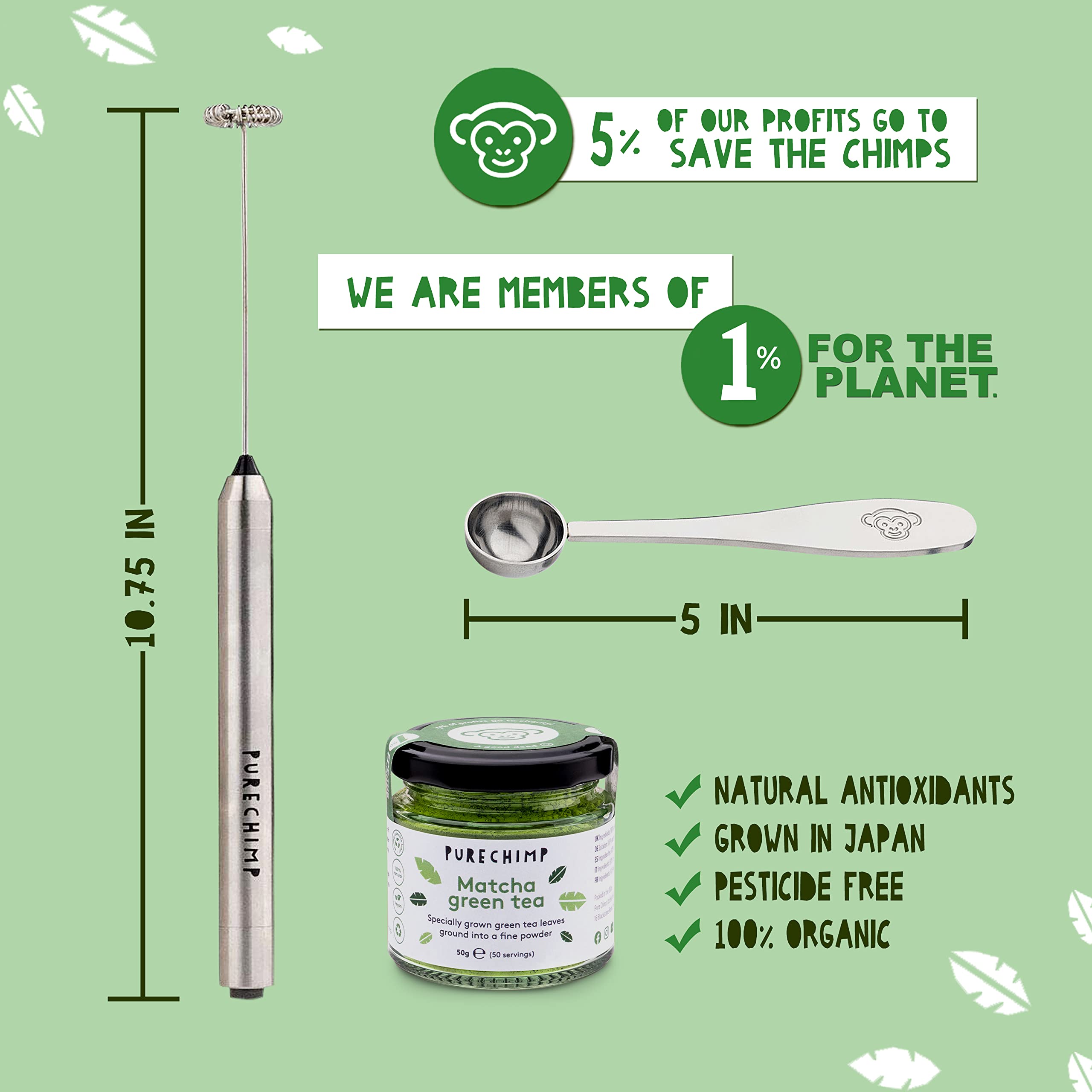 PureChimp Modern Matcha Set β Starter Kit with Electric Matcha Whisk, 50 Grams of Japanese Matcha, and Stainless Steel Measuring Spoon