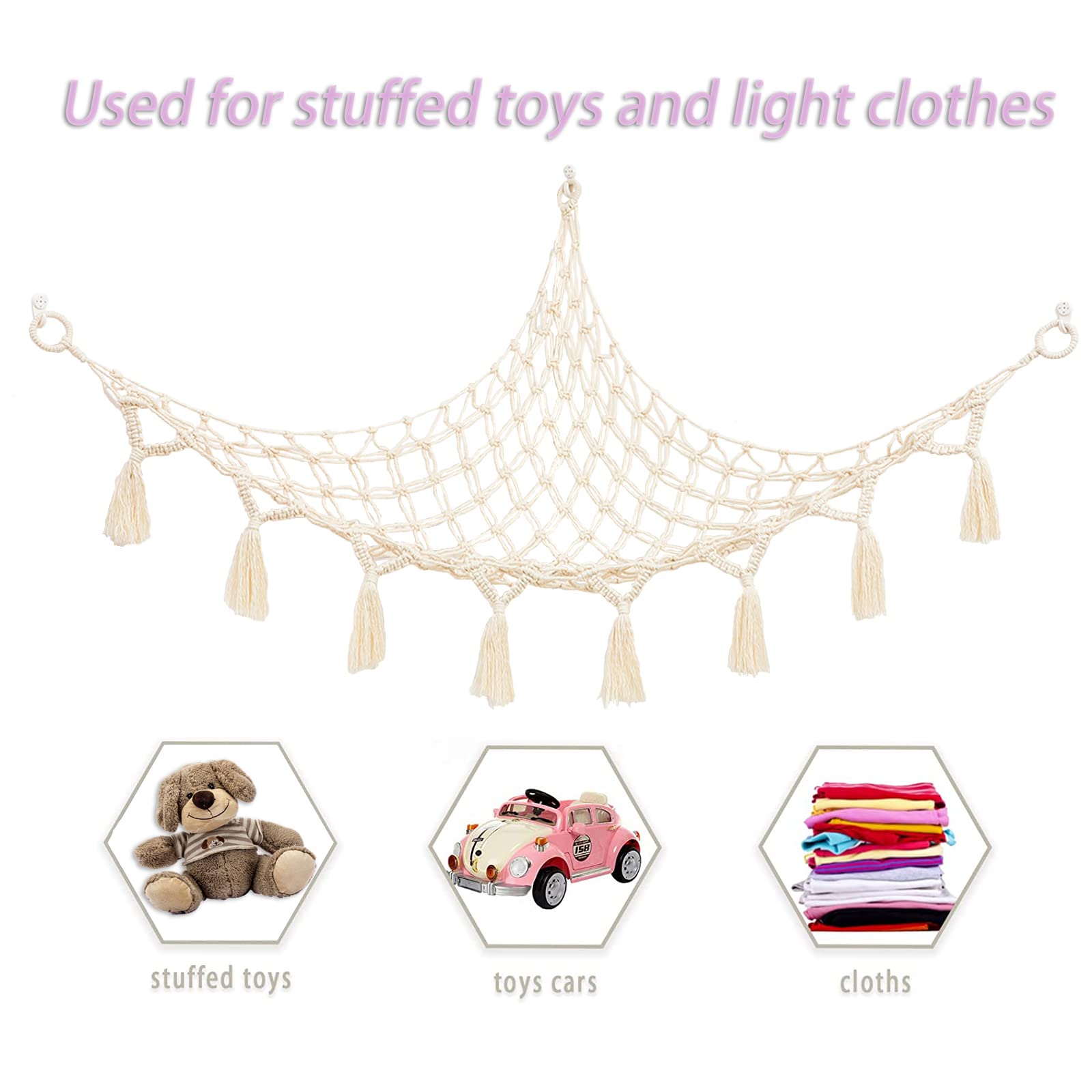 Stuffed Animal Net or Hammock Toy Hammock Macrame Large Corner Mesh Toy Storage Hanging Wall, Stuffed Animal Holder Nursery Organizer for Kids Bedroom (Beige)