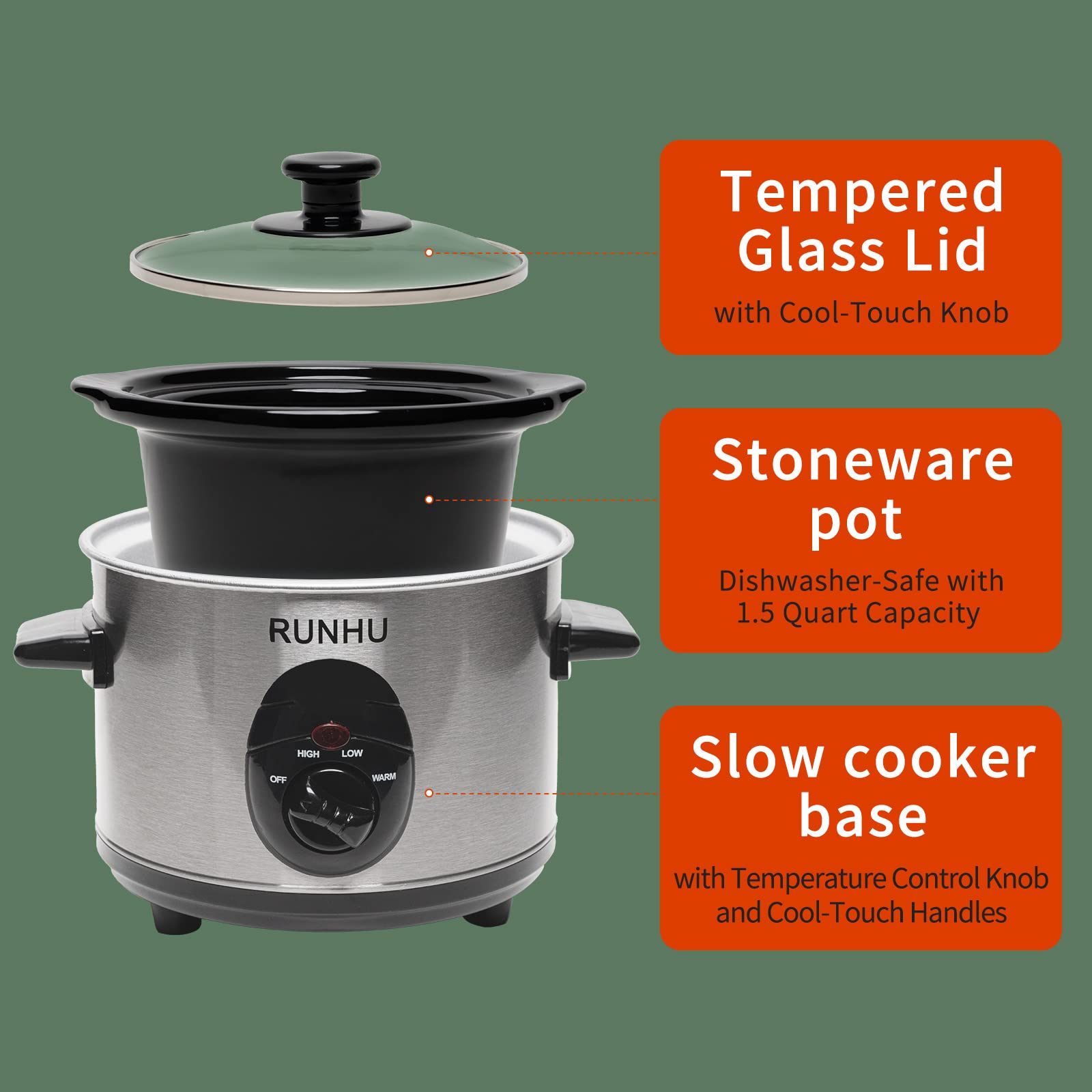 RUNHU Slow Cooker, 1.5-Quart Ceramic Pot with Auto Warm and Adjustable Temp, Entrees, Sauces, Stews & Dips, Dishwasher Safe, Nutrient Loss Reduction, Round, Stainless Steel