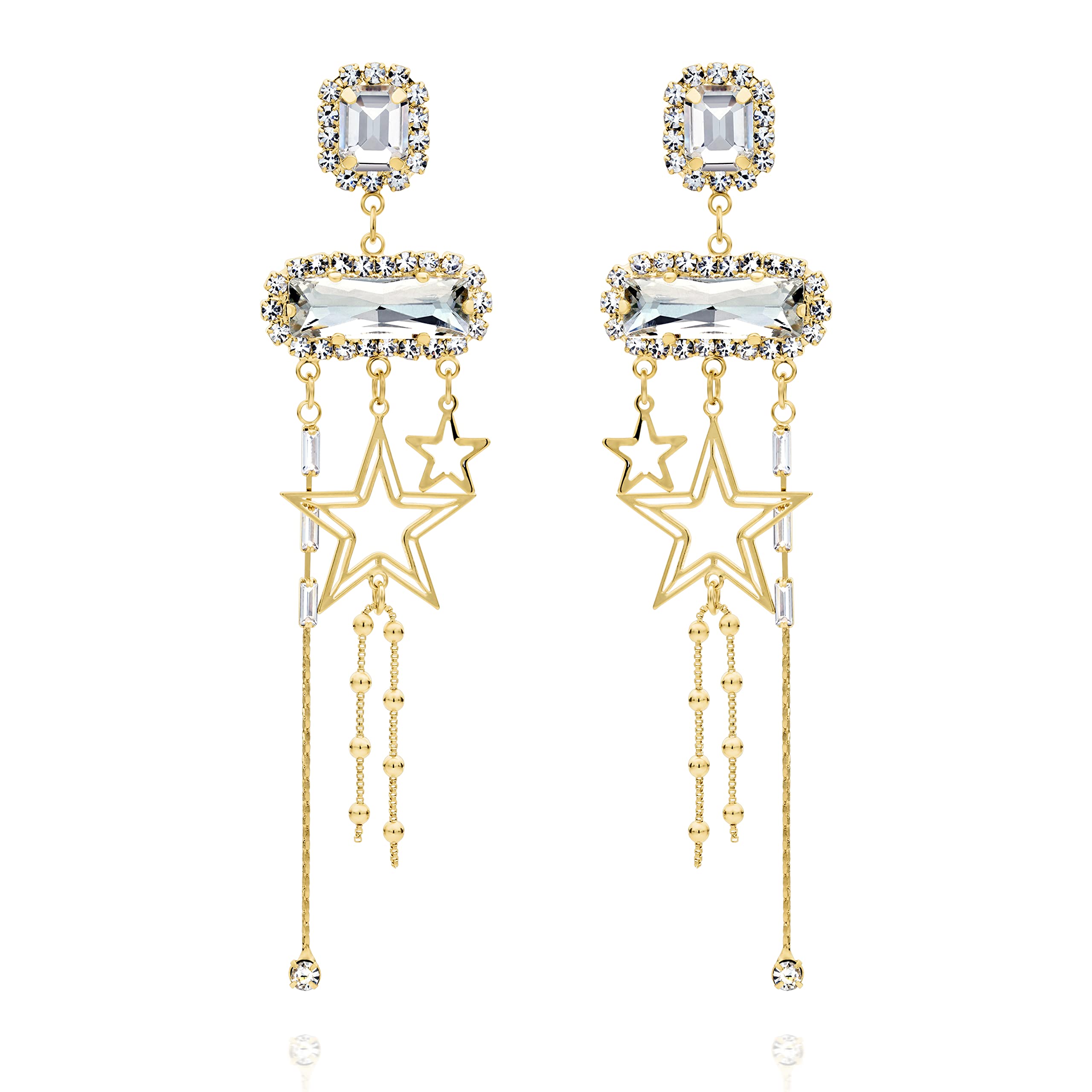 Shooting Star Celestial Chandelier Rectangle Crystal Gold Long Drop Dangle Halloween Kitsch Earrings Prom Christmas Birthday Wedding Valentines