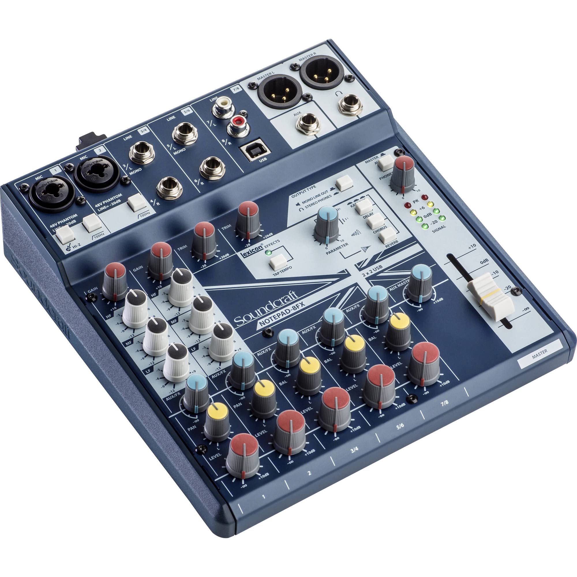 Soundcraft Notepad-8FX Analog Mixer/USB Interface/Lexicon Effects Bundle with 2x Mophead 10-Foot 1/4" TRS Cable, 2x 10-Foot XLR Cable, 1/4" to 3.5mm Adapter, 4x Cable Ties and Microfiber Cloth