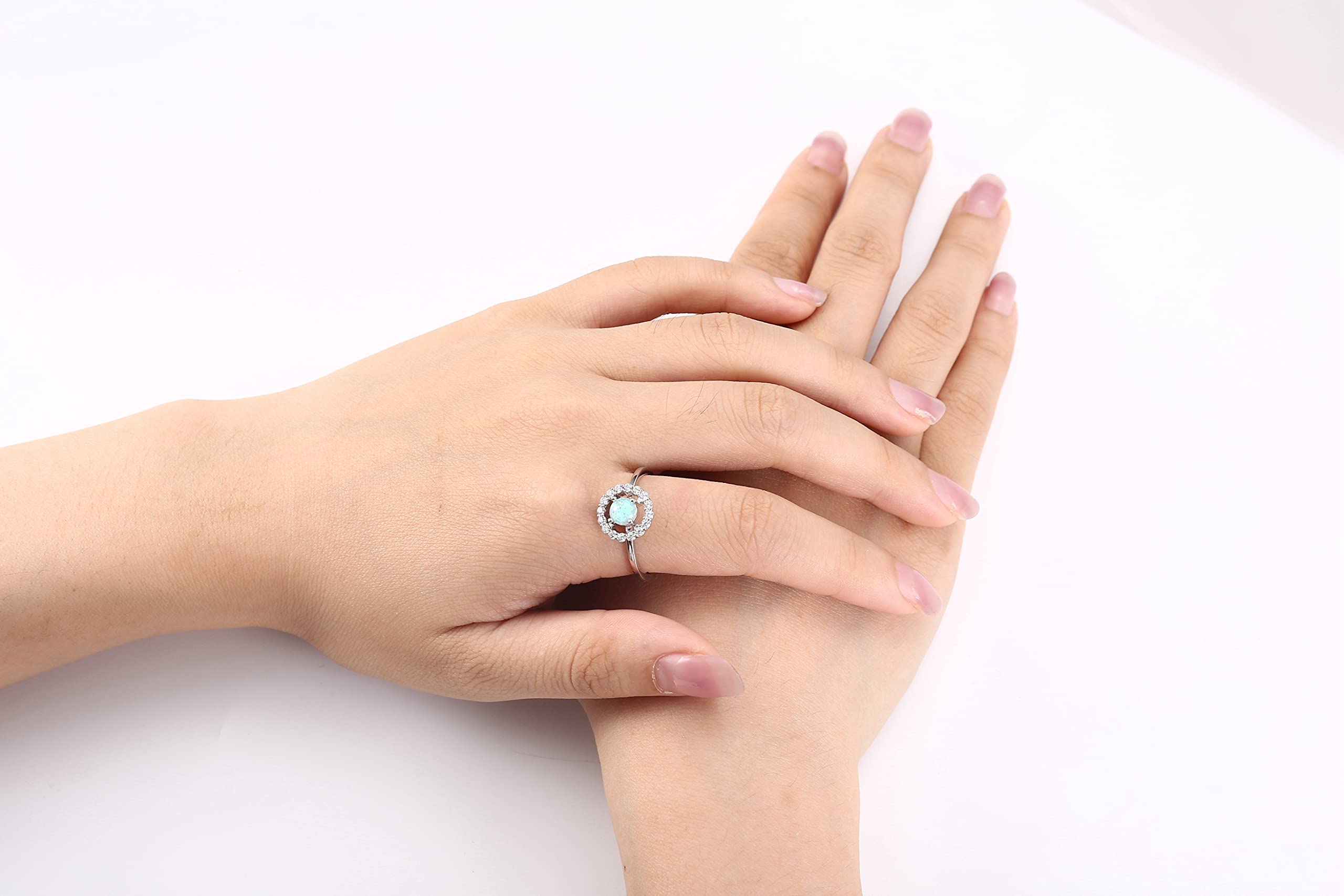 MUSECLOUD Created Opal Rings 925 Sterling Silver Birthstone Rings for Women White Gold Plated Halo Band Rings Birthday Gift Eternity Promise Engagement Rings for Her Size 5-9(7)