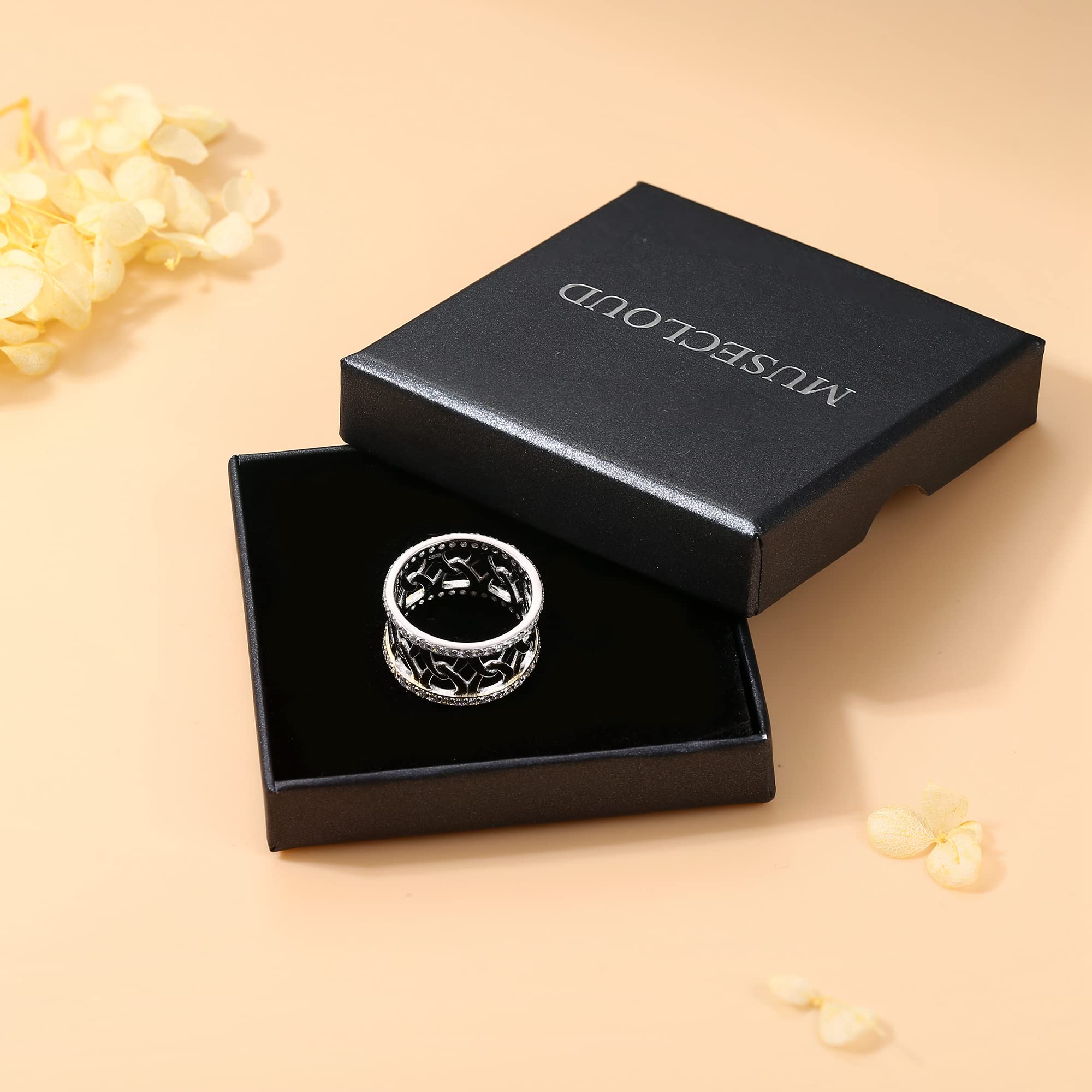 MUSECLOUD Two-color Celtic Rings 925 Sterling Silver 13MM Band Ring Celtic Love Knot Rings White Gold and 14K Gold Plated Eternity Rings Simple Wedding Band For Women Ring Size (7)