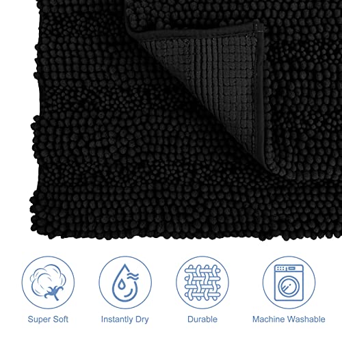 Yastouay 2 Pieces Bathroom Rugs Machine Washable Bath Mat Non Slip Bath Rugs Thick Shaggy Chenille Bath Mats for Bathroom, Shower, Door Mat(17" x 24" / 20" x 32", Black)