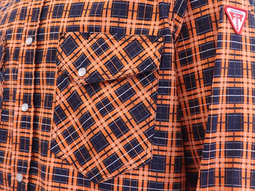 TICOMELA FR Shirt for Men Flame Resistant Shirts 6.5oz Light Weight Orange/Black Plaid Men's Fire Retardant Snap Shirts
