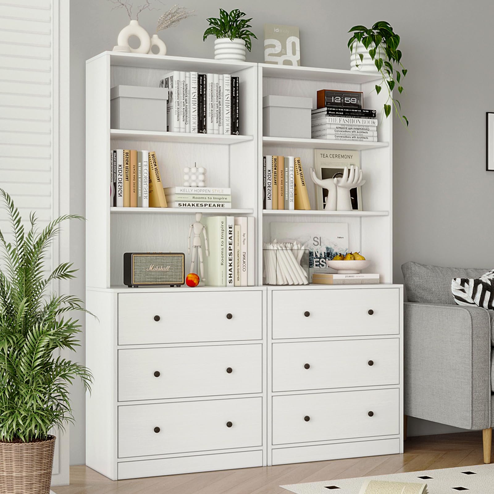 TUSY 71" Bookshelf Bookcase, 3-Tier Modern Bookshelves 3 Large Drawer, Wood Filing Cabinet with Open Storage Shelf, Glass Doors 5-Tier Fixed Storage Shelves for Home Office