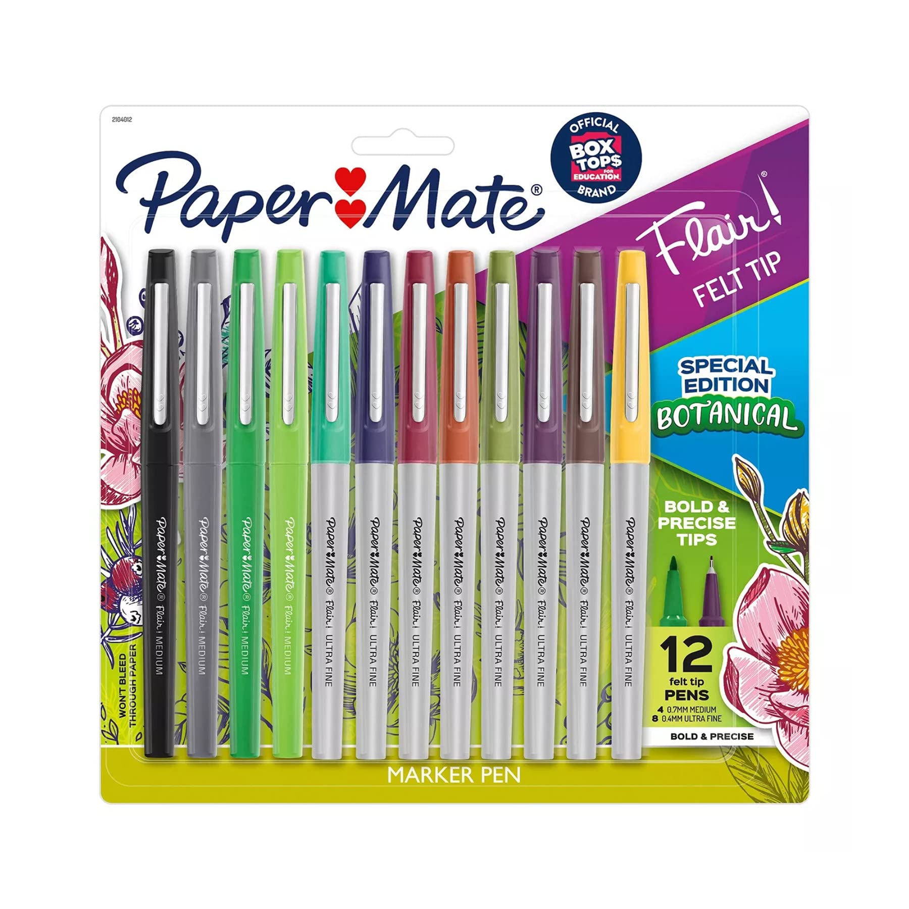 Paper Mate Flair Felt Tip Pens, Medium and Ultra Fine Point, Assorted, Special Edition Botanical, 12 Pack