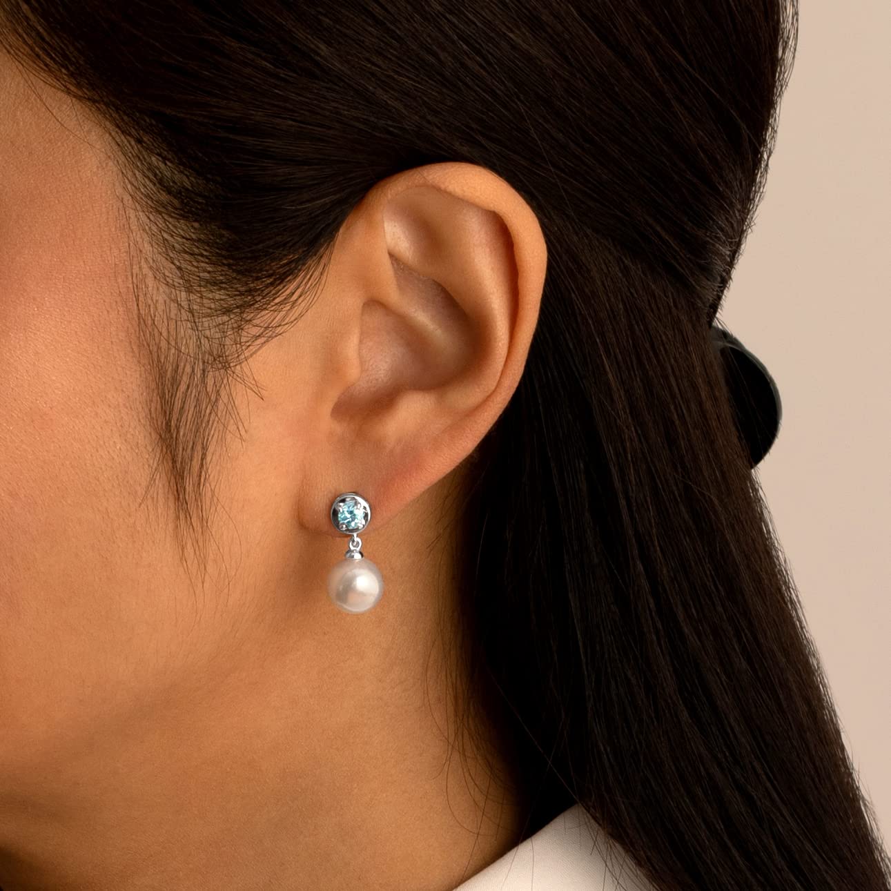 Peora 8mm Freshwater Cultured White Pearl and Aquamarine Dangle Drop Earrings 925 Sterling Silver, March Birthstone