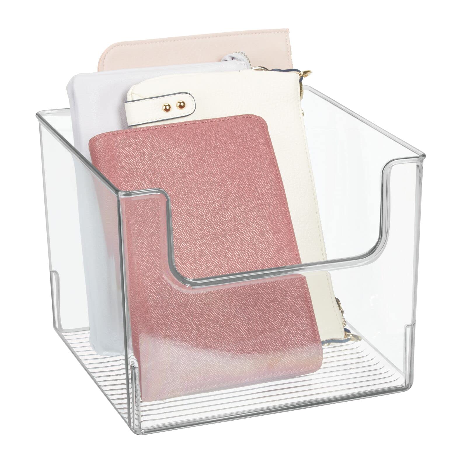mDesign Modern Plastic Open Front Dip Storage Organizer Bin Basket for Closet Organization - Shelf, Cubby, Cabinet, and Cupboard Organizing Decor - Ligne Collection - 2 Pack - Clear