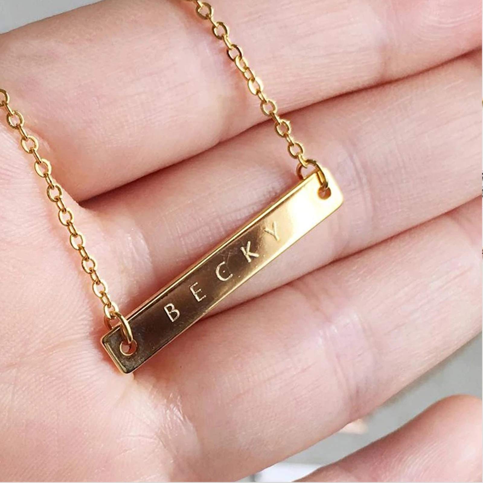MRENITE 10k 14k 18k Solid Yellow Gold Personalized Horizontal Bar Necklace β Engravable Blessings Letters Nameplate Bar Pendant - Custom Any Name Gift for Women (Slim Bar)