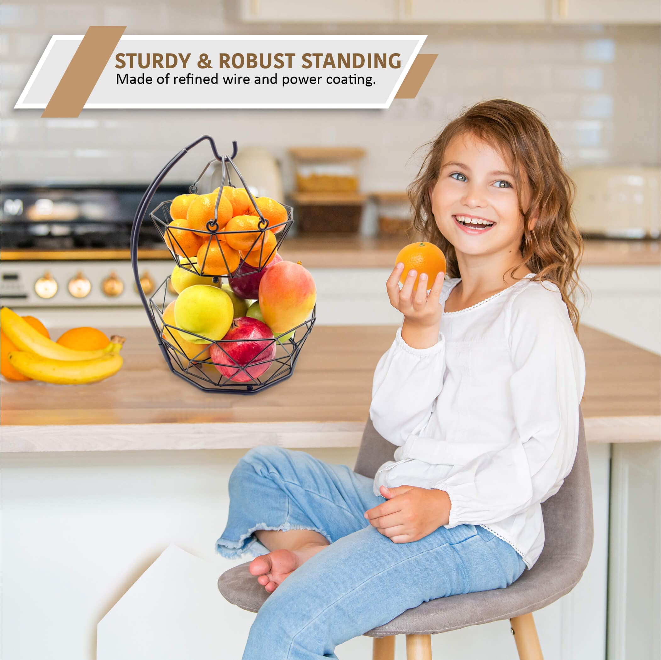 Simplil 2 Tier Vegetable and Fruit Basket With Banana Hanger, Countertop Detachable Bowls, Black