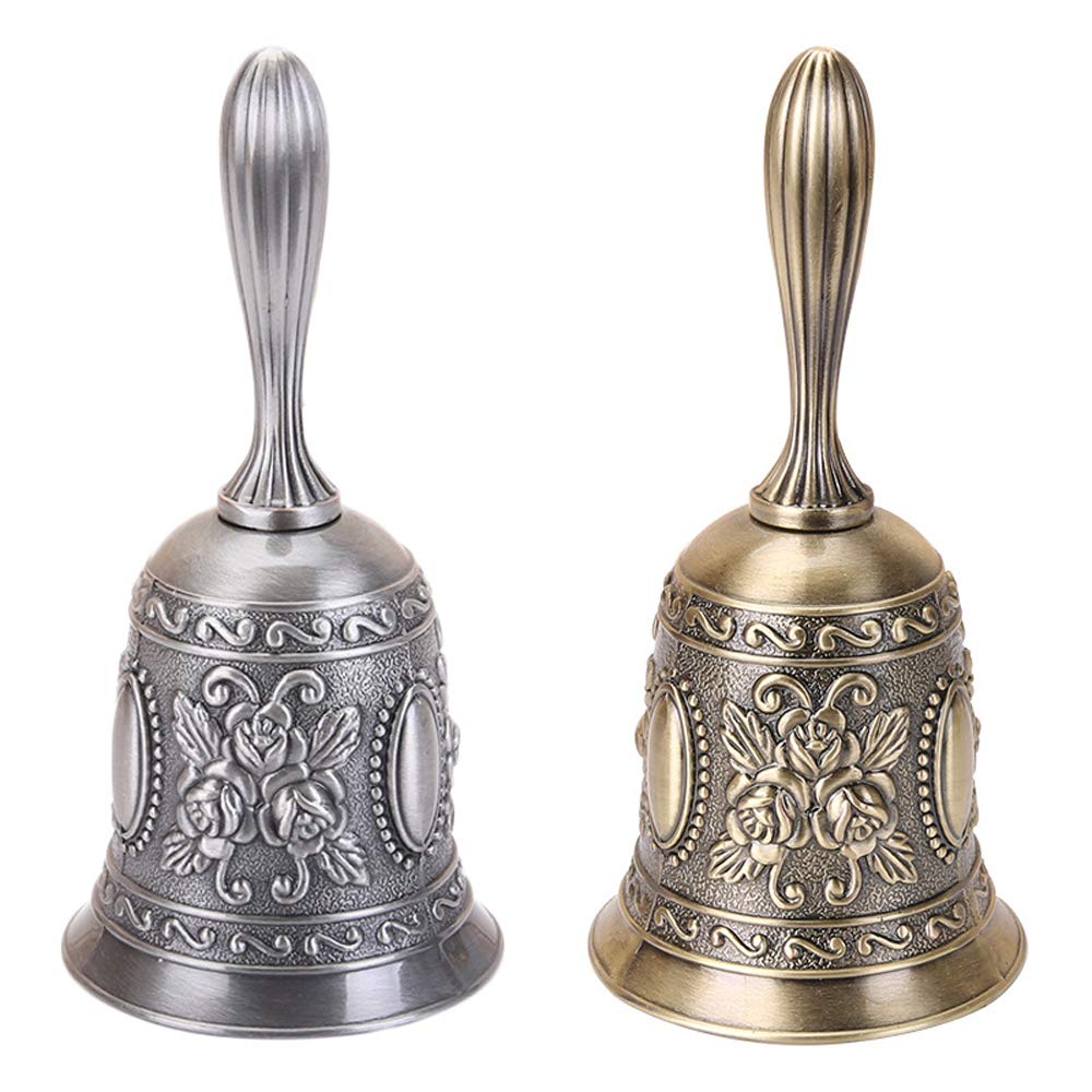 MOTZU 2 Pieces Hand Bells, Metal Jingle Service Call Bell Brass Wedding Bells, Extra Loud Multi-Purpose Held Dinner Bell for Decoration, Alarm, School Church Classroom, Bar(Gold & Silver)