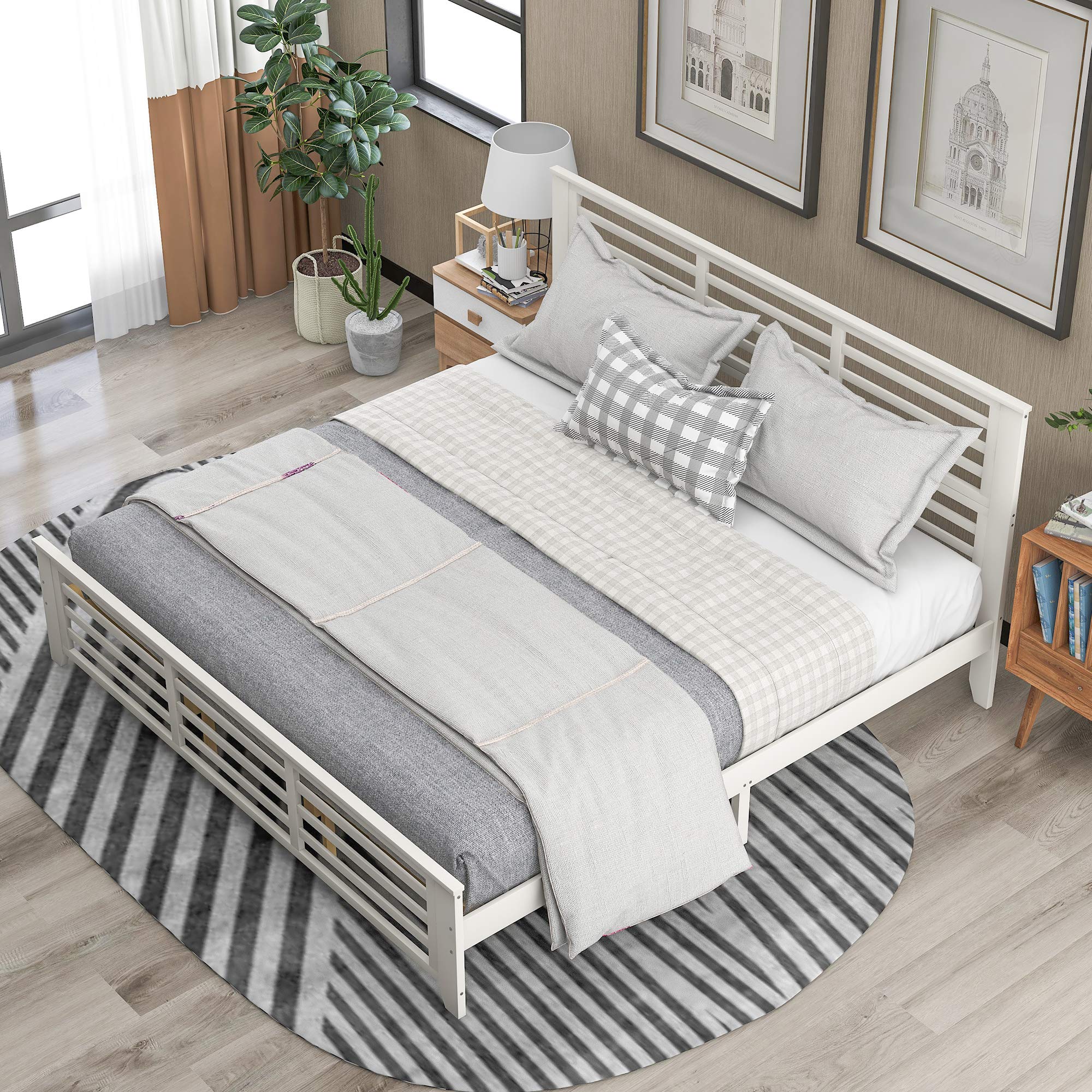 LostCat King Size Platform Bed Frame with Headboard and Footboard,Modern Solid Wood Bed with Horizontal Strip Hollow Shape for Adults,Teens,Wood Slat Support,No Box Spring Needed,White
