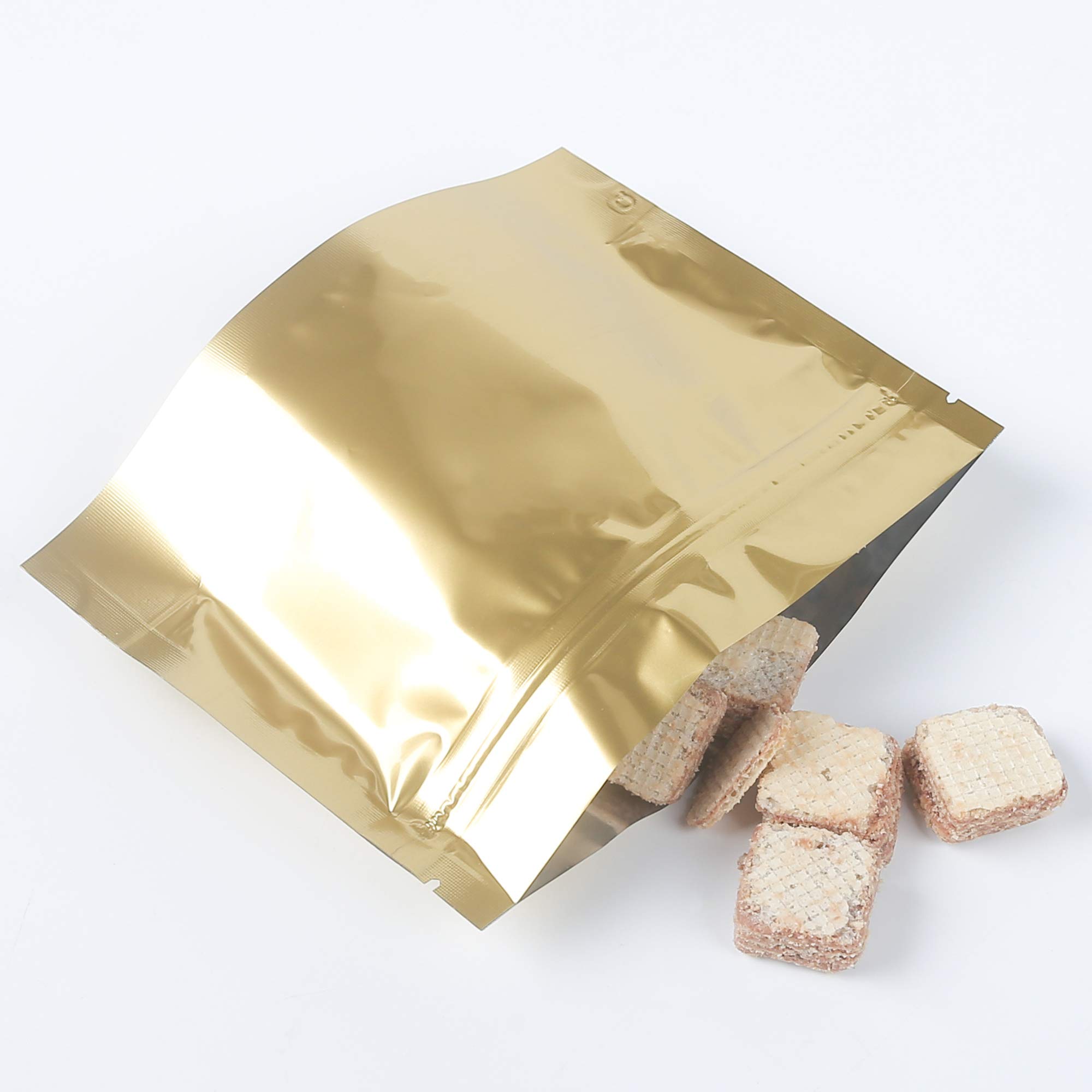 QQ Studio Pack of 100 Double-Sided Glossy Wide Mouth Smell Proof Stand Up Resealable Pouch Bags (Glossy Gold, 6.5x5" (3oz))