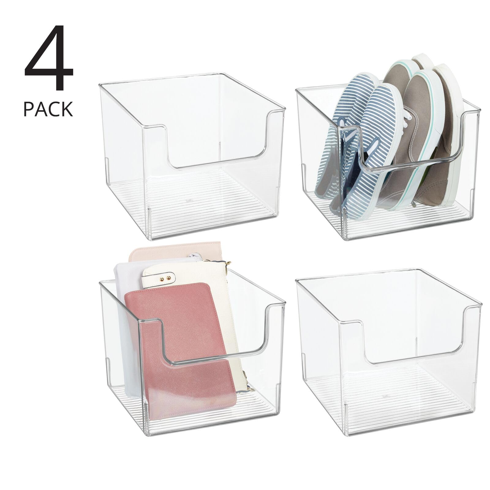 mDesign Modern Plastic Open Front Dip Storage Organizer Bin Basket for Closet Organization - Shelf, Cubby, Cabinet, and Cupboard Organizing Decor - Ligne Collection - 4 Pack - Clear