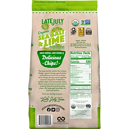 LATE JULY Snacks Restaurant Style Sea Salt & Lime Tortilla Chips, 11 oz. Bag
