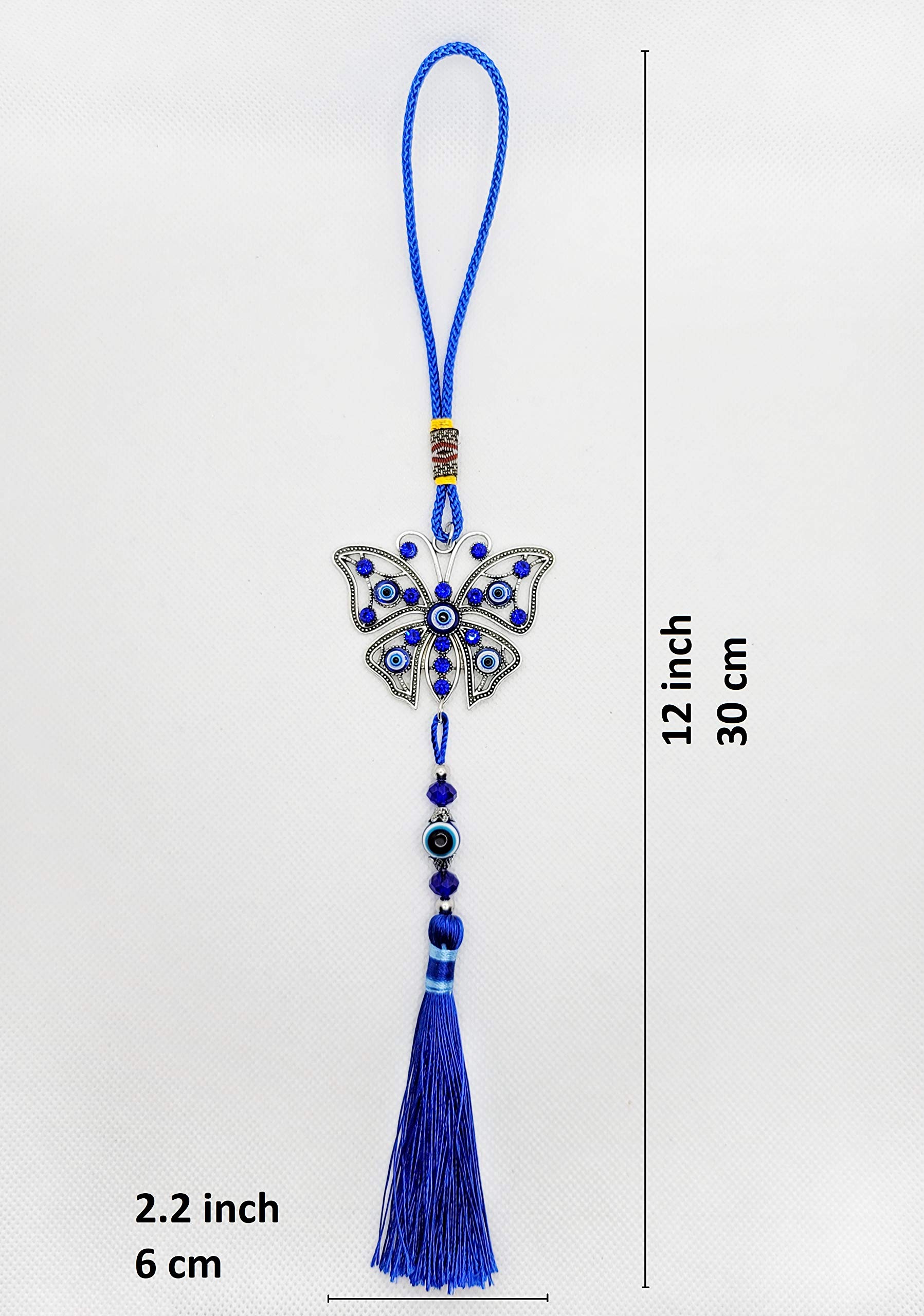 LUCKBOOSTIUM Center Evil Eye Butterfly Charms Pendant in Blue Crystal Stone w/Tassels for Good Luck & Protection Car Rear View Mirror Hanging Ornament Accessories Home Decor Charm