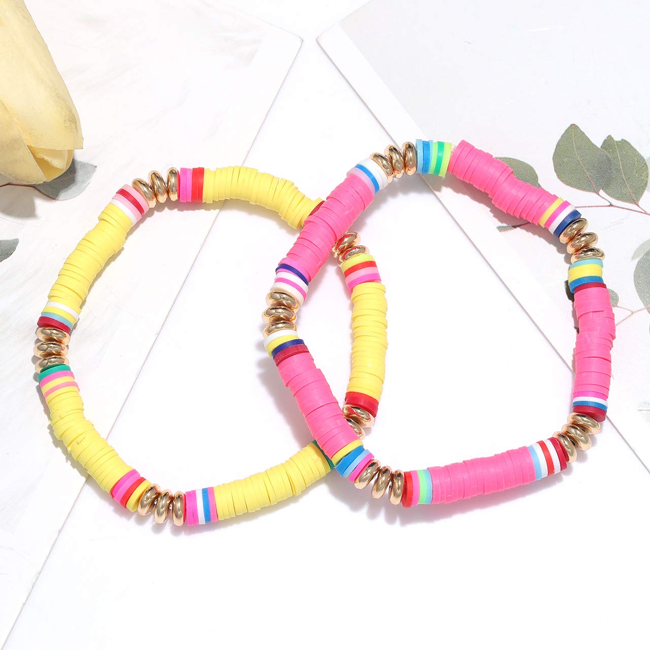 NVENF Heishi Bracelets Rainbow Vinyl Disc Bead Stretch Bracelets for Women Bohemia Stackable Surfer Bracelets for Girls Summer Beach Vacation Accessory (Style A)