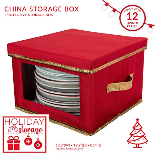 Simplify Holiday Dinner Plate Dinnerware Storage Box | 12.2 Inch | Christmas China | 12 Felt Dividers | Tableware Setting | Red