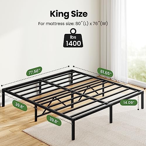 Marsail King Size Bed Frame, 14 Inch Metal Platform Bed with Enhanced Support Structure & Enclosing Edges, Metal Bed with Large Storage Space, 1400 lbs Max Weight, No Box Spring Needed, MSBFK01