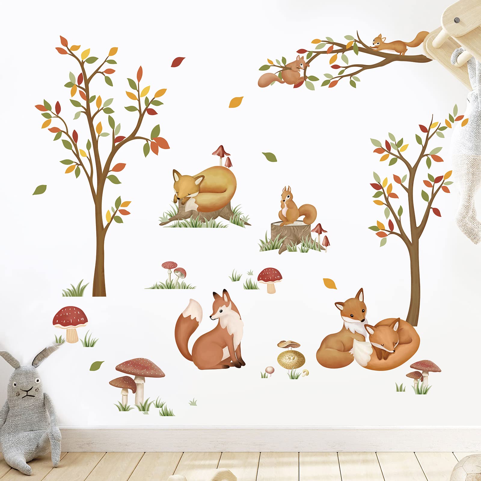 wondever Woodland Animals Foxes Wall Stickers Fall Tree Peel and Stick Wall Art Decals for Baby Nursery Kids Bedroom