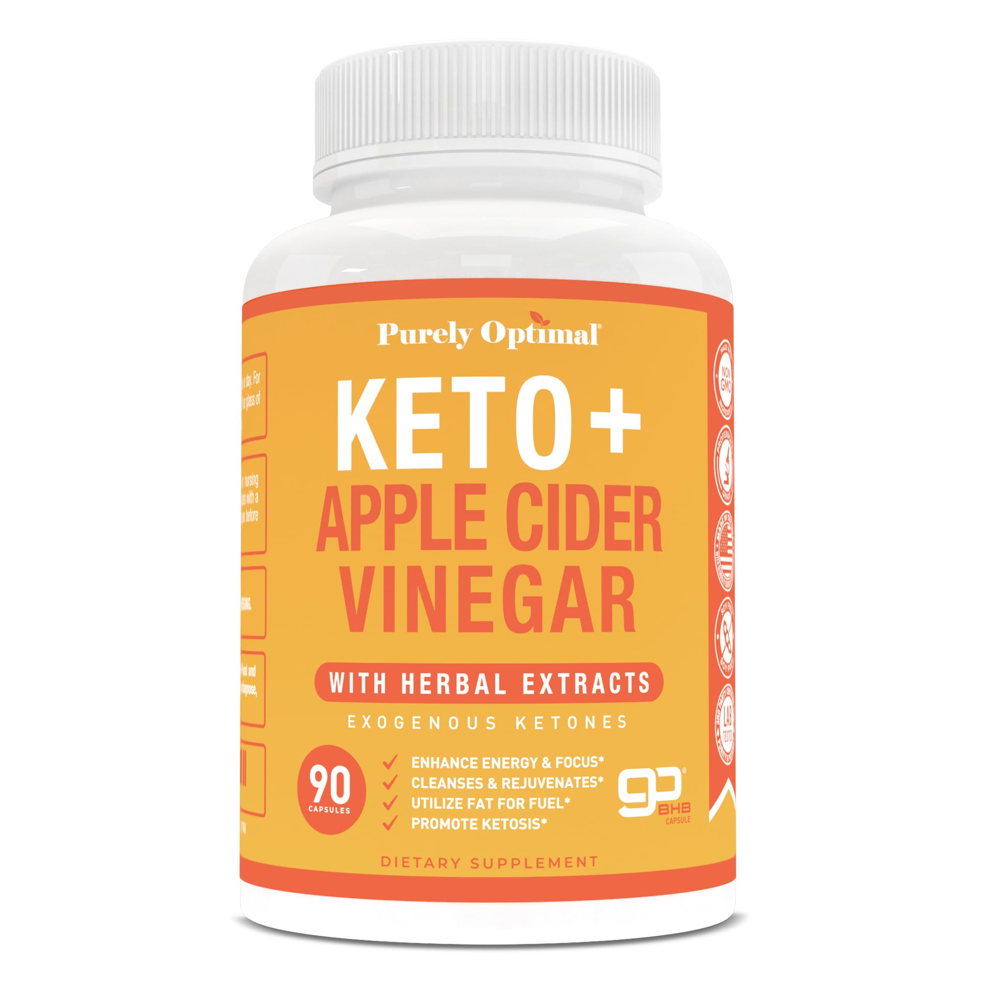 Purely Optimal Premium Keto+Apple Cider Vinegar Pills - w/Garcinia Cambogia, Keto Bhb Exogenous Ketones - 90 Capsules