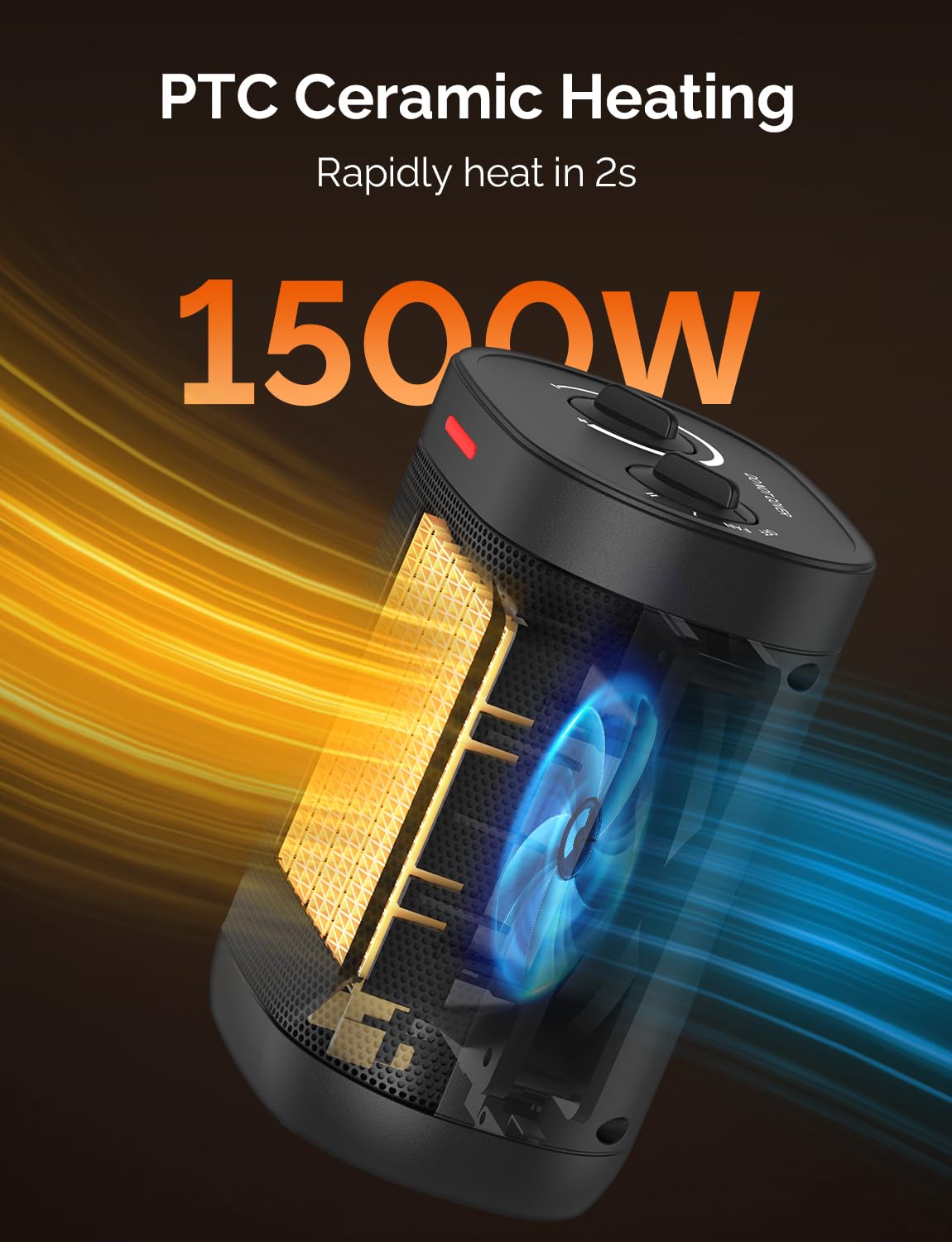 Space Heaters for Indoor Use, Portable 1500W/900W PTC Ceramic Space Heater, Small Space Heater with Thermostat, Three Modes, Overheat and Tip-Over Protection for Office Home