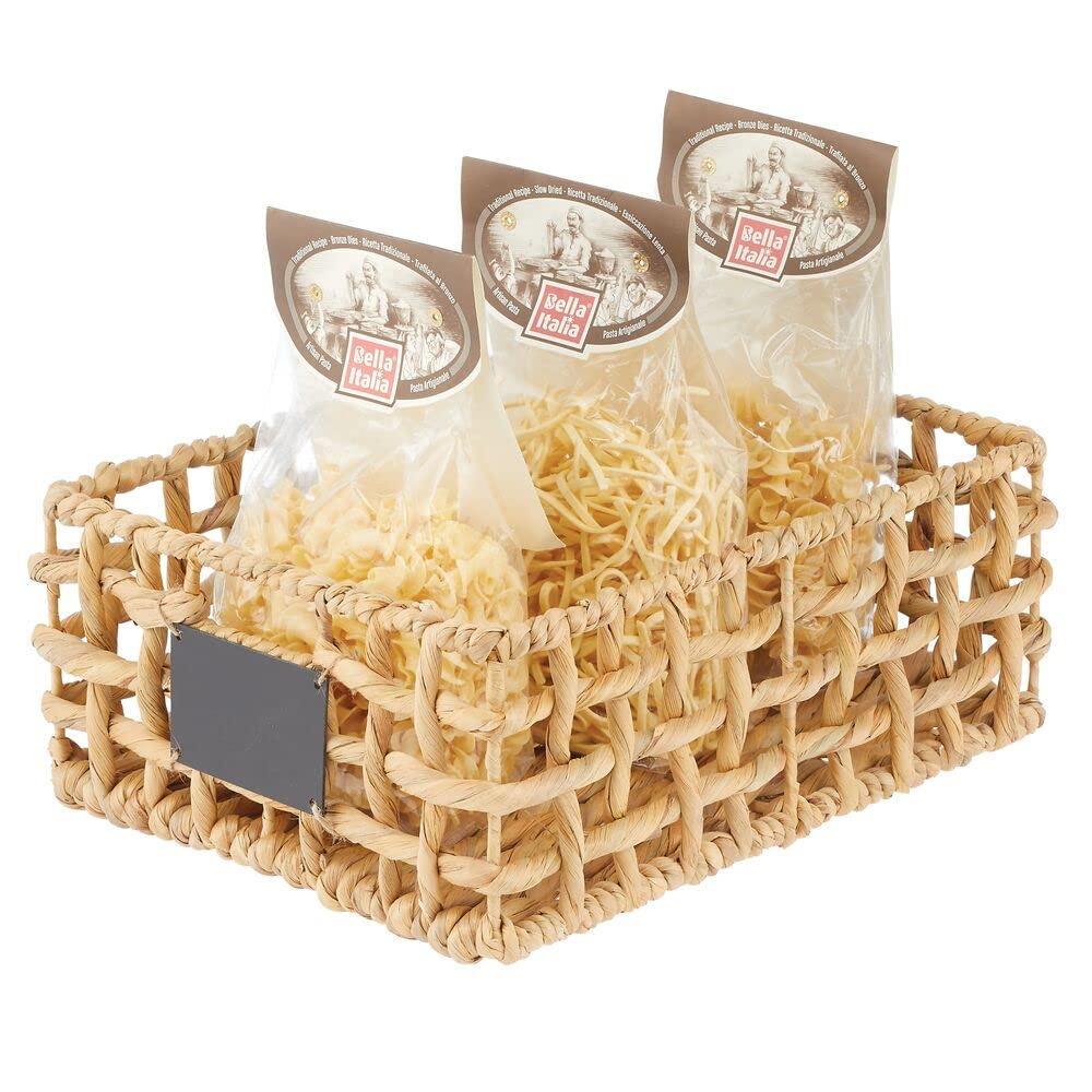 mDesign Water Hyacinth Open Weave Household Basket with Built-in Chalkboard Label for Storage in Bedroom, Bathroom, Office - Hold Clothes, Blankets, Linens, Accessories, 3 Pack - White Wash