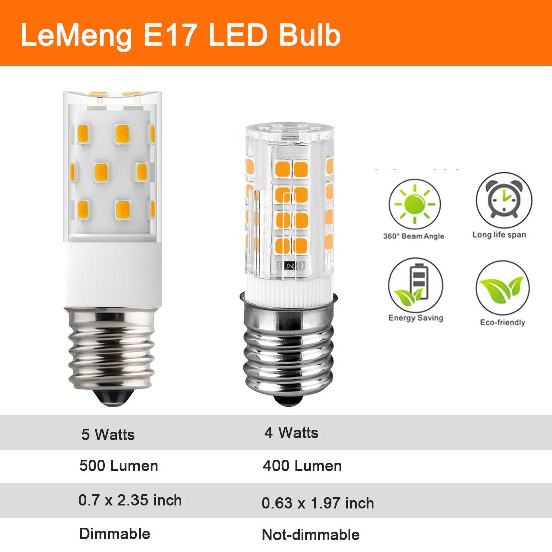 LEMENG E17 LED Bulb, Dimmable, 5W 500lm Warm White 2700K,35-50watt Halogen Replacement,AC 120V Appliance Bulbs Microwave Oven Stovetop Light,6-Pack
