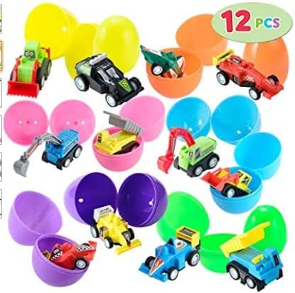 SULOLI 12 PCs Easter Eggs Prefilled with Pull Back Cars Toy Vehicles for Easter Party Favors, Easter Basket Stuffers, Easter Egg Fillers, Goodie Bags Fillers, Classroom Prizes, Pinata Fillers