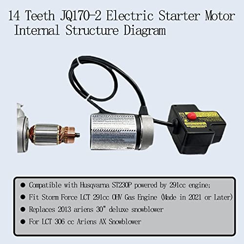 Tinsaen 14 Teeth Electric Starter Motor JQ170-2 Compatible with 291cc Storm Force LCT OHV Gas Engine(2021 and Later)and Husqvarna ST230P,Fit 2013 ariens 30" Deluxe、 LCT 306 cc Ariens AX Snowblower
