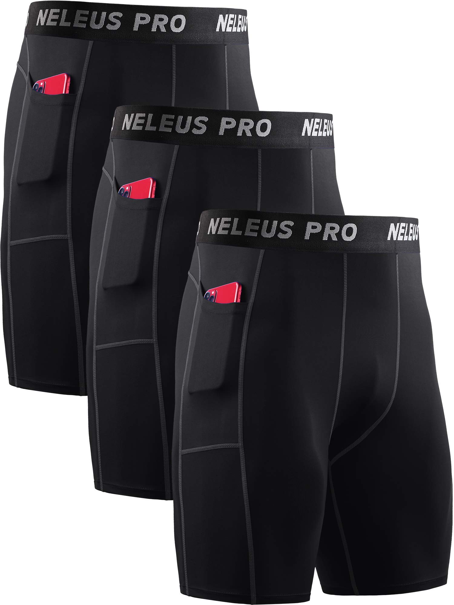 NELEUS Men's Compression Shorts 3 Pack Dry Fit Running Shorts,6081,Black/Black/Black,L