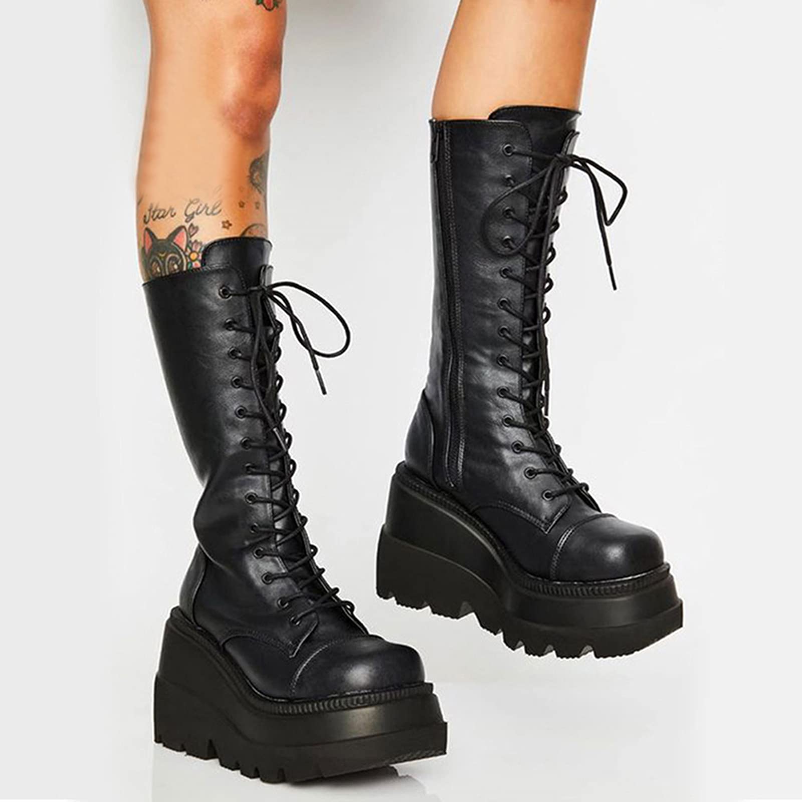 NOLDARES Platform Boots for Womens Goth Wedge High Heel Sexy Side Zipper Printed Motorcycle Combat Studded Knee High Boots, Z1 Black, 8