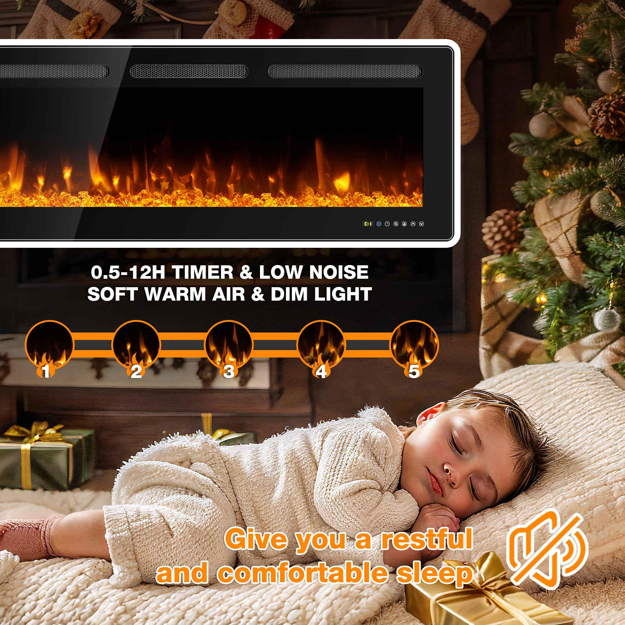 Manastin 60" Electric Fireplace Ultra-Thin Recessed Wall Mounted Fireplace Insert 750/1500W Adjustable Flame Linear Fireplace Heater with 12h Timer/Remote Control/Touch Screen/Crystal Stone