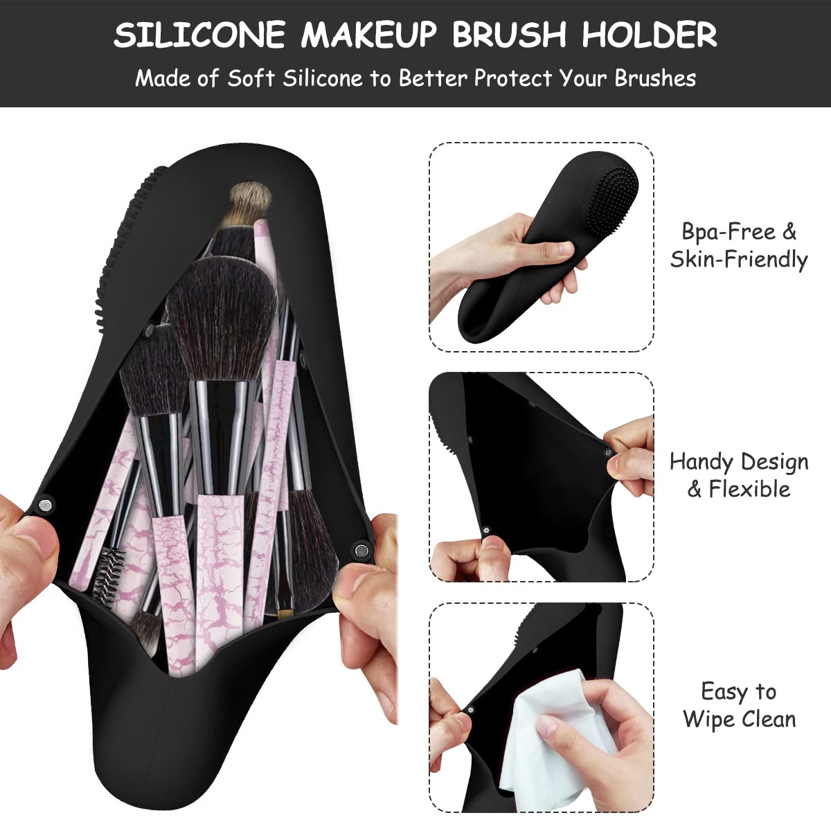 Xabzhzn Silicone Makeup Brush Holder Case, Full Sized & Larger Brushes Fit, Cosmetic Brush Holder Organizer, Silicon Make Up Brush Container for Travel, Daily Use, Black (Makeup Brushes Not Included)