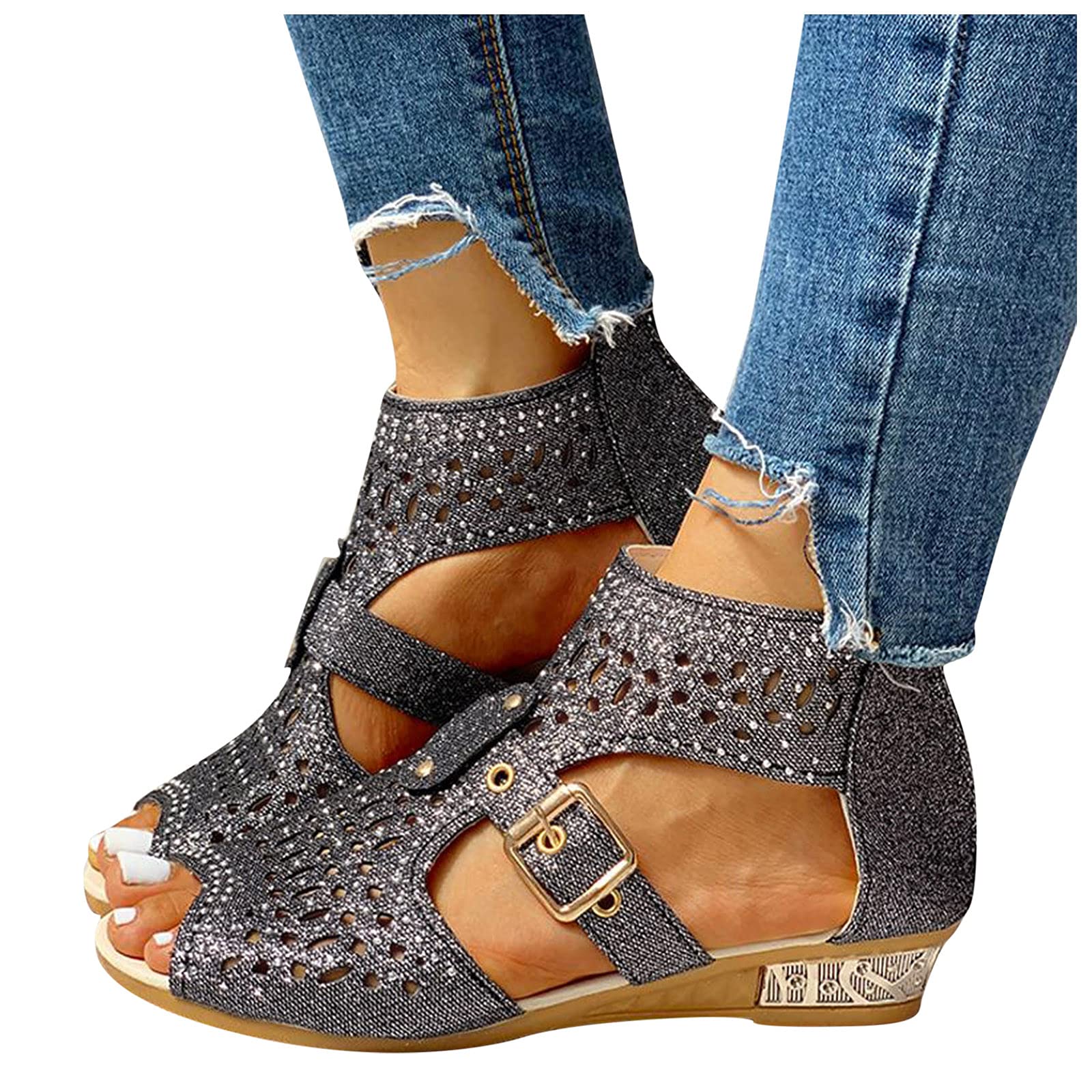 NOLDARES Sandals for Women Casual Summer Rhinestone Hollow Wedge Sandals Zipper Open Toe Platform Sandals