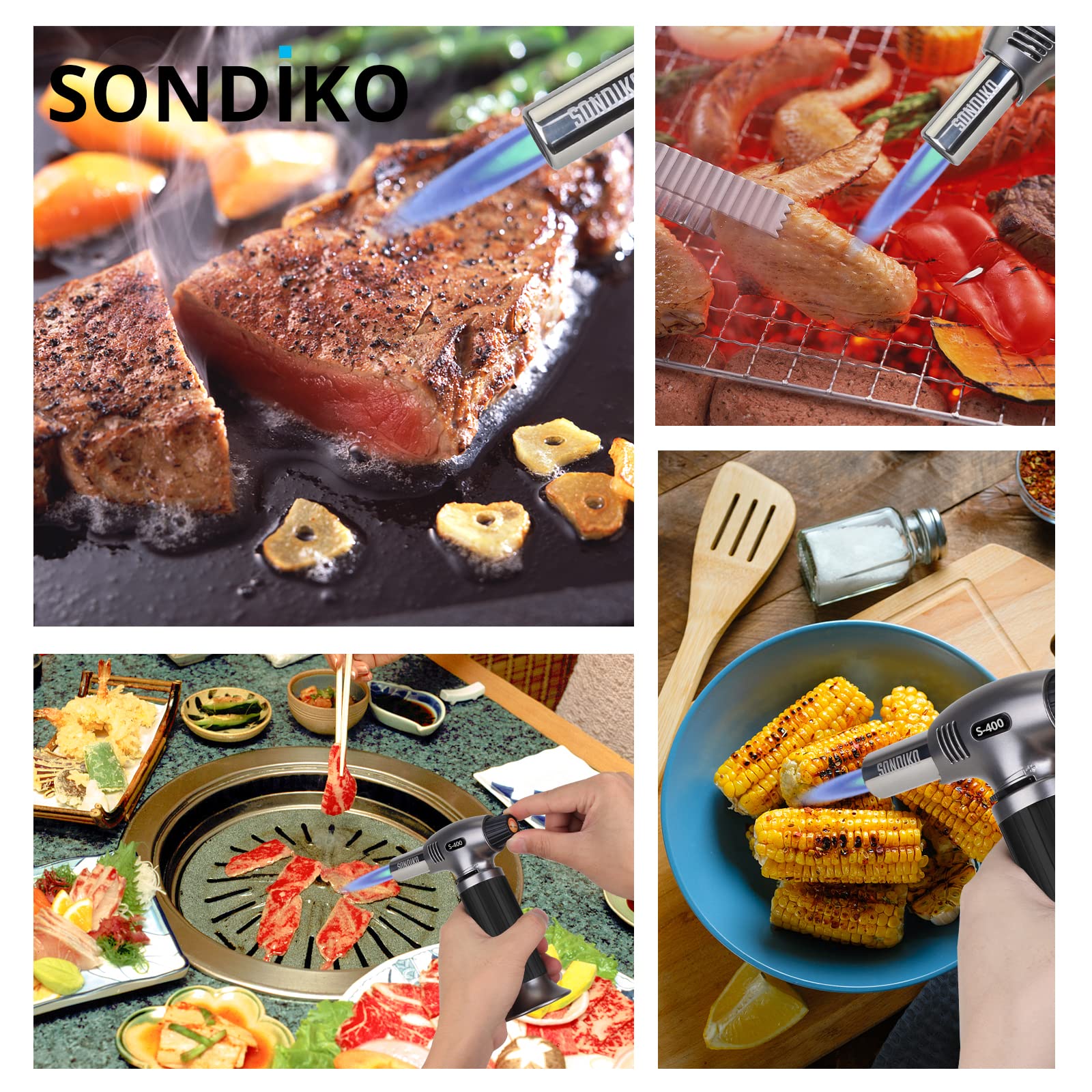 Sondiko Culinary Butane Torch, Black and Gray SP400, Fit All Small Butane Tanks with Safety Lock and Adjustable Flame for Desserts, Creme Brulee(Butane Gas Not Included)