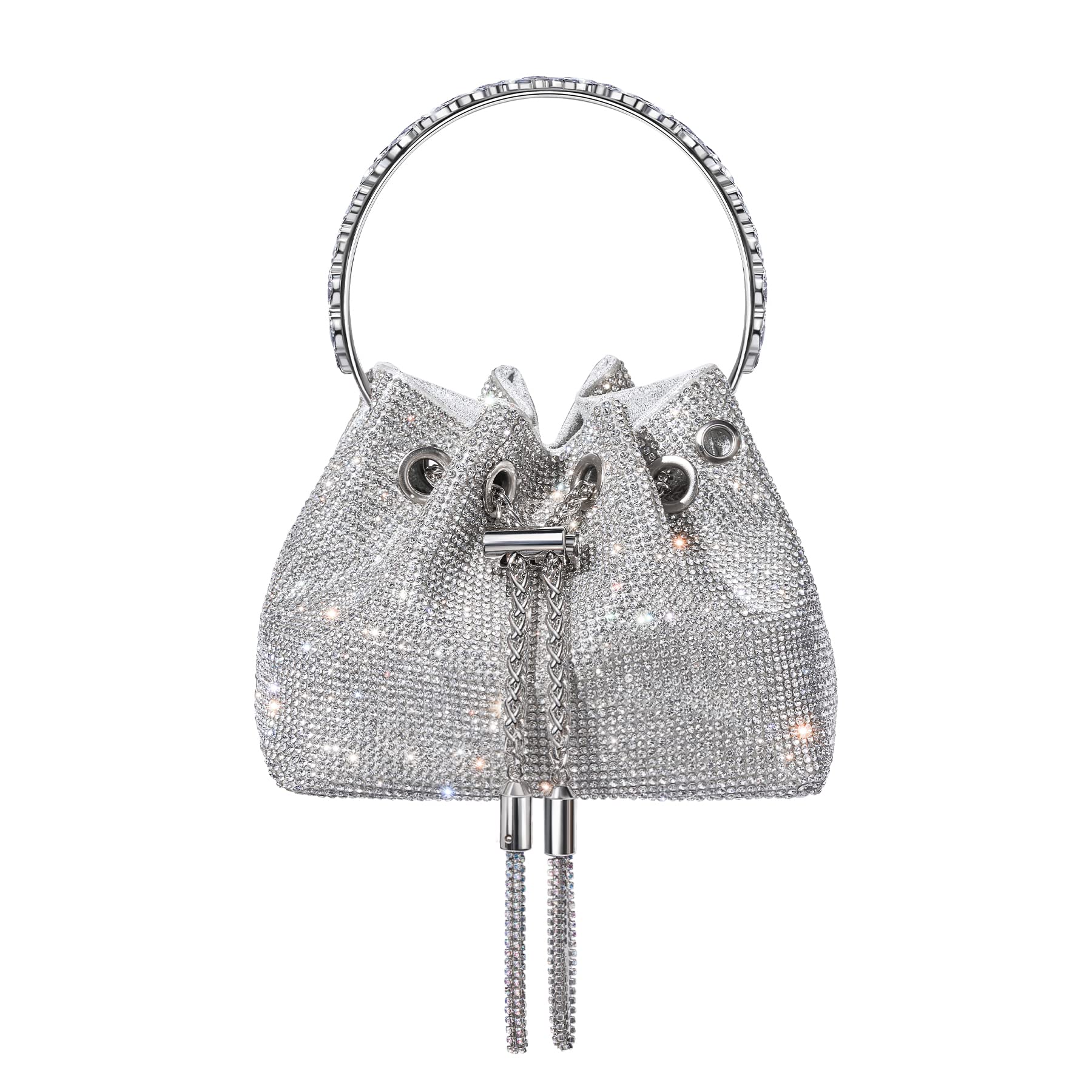 SWEETV Women's Rhinestone Bucket Bag, Evening Handbag Purse for Formal Wedding Cocktail Prom Party Club, Silver, Medium