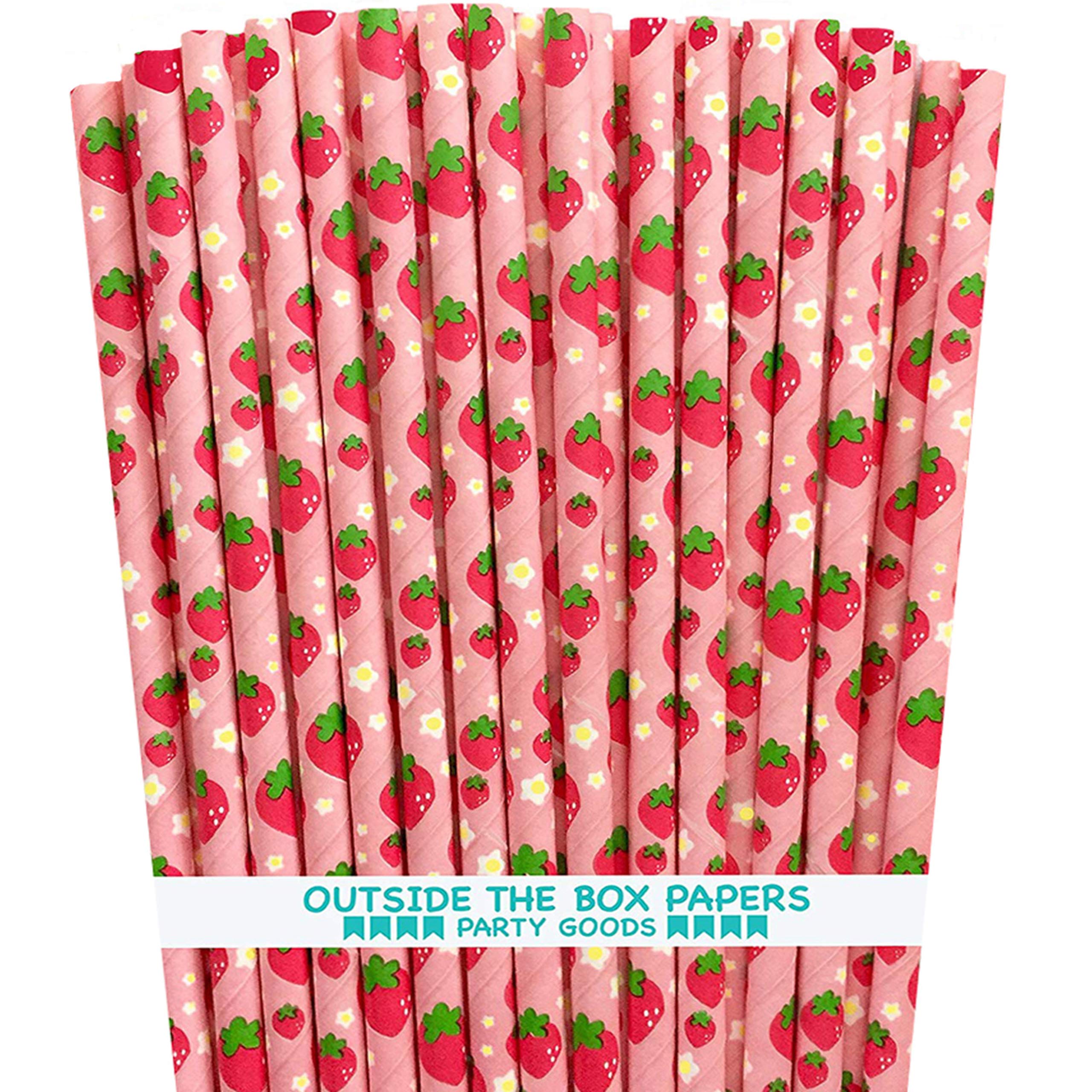 Strawberry Pattern Paper Straws - Valentine - Pink Red Green - 7.75 Inches - 100 Pack