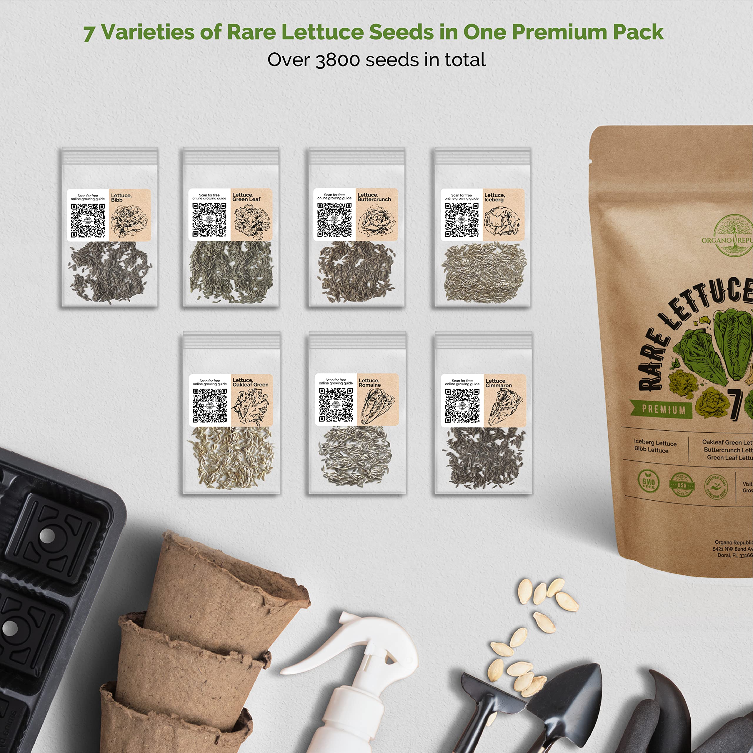 Organo Republic 7 Lettuce Seeds Variety Pack - Non-GMO Heirloom for Lettuce Hydroponic, Aerogarden, Indoor & Outdoors. 3800+ Seeds: Bibb, Romaine, Iceberg, Green Oakleaf, Red Leaf Lettuce