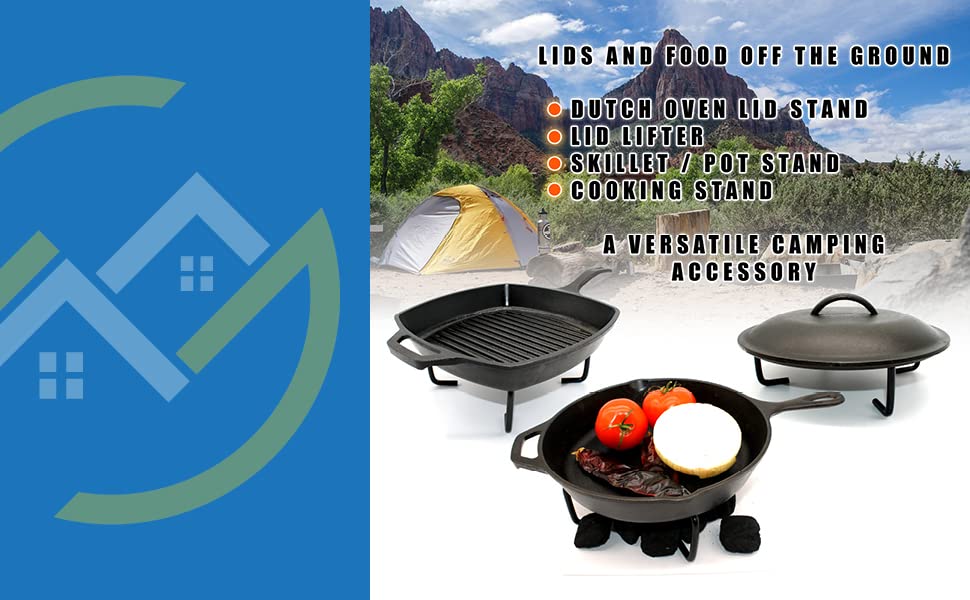 Strikento Dutch Oven Lid Lifter And Stand - Cast Iron Pot Stand - Multifunctional Camping Accessory For Cast Iron Cookware - Includes Red Silicone Heat Resistant Cooking Mitts