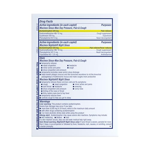 Mucinex Sinus-Max Day Pressure, Pain & Cough & Nightshift Night Sinus Medicine for Adults, Day/Night Combo Pack for Sore Throat Relief, Nasal Congestion Relief, Cough & Cold Medicines, 40 Caplets