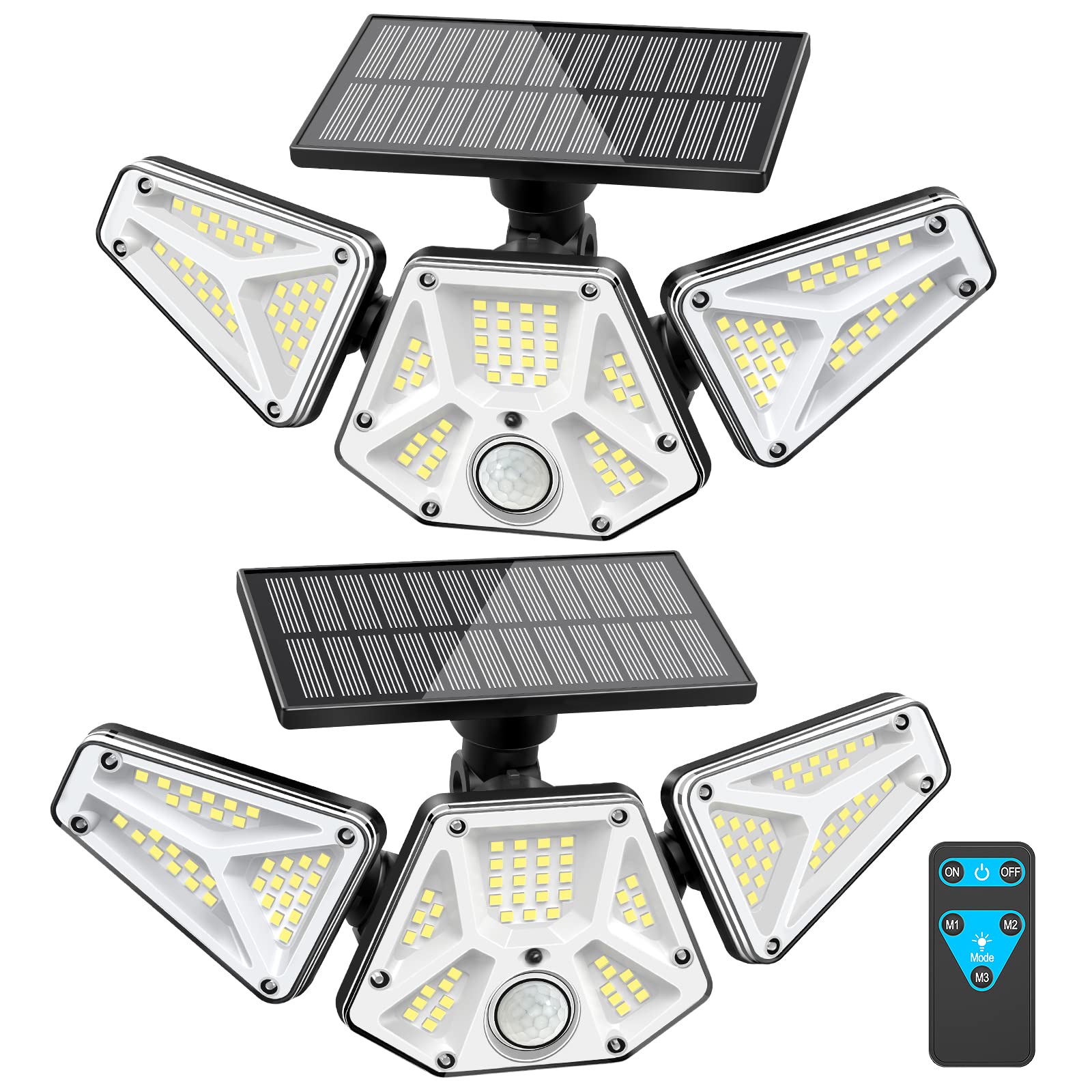 QUNCWL Solar Motion Sensor Light Outdoor - 2000LM Flood Lighting Powered Security Light - Bright Adjustable 3-Head Solar LED Lights IP65 Waterproof with Remote for Outside Garage Yard