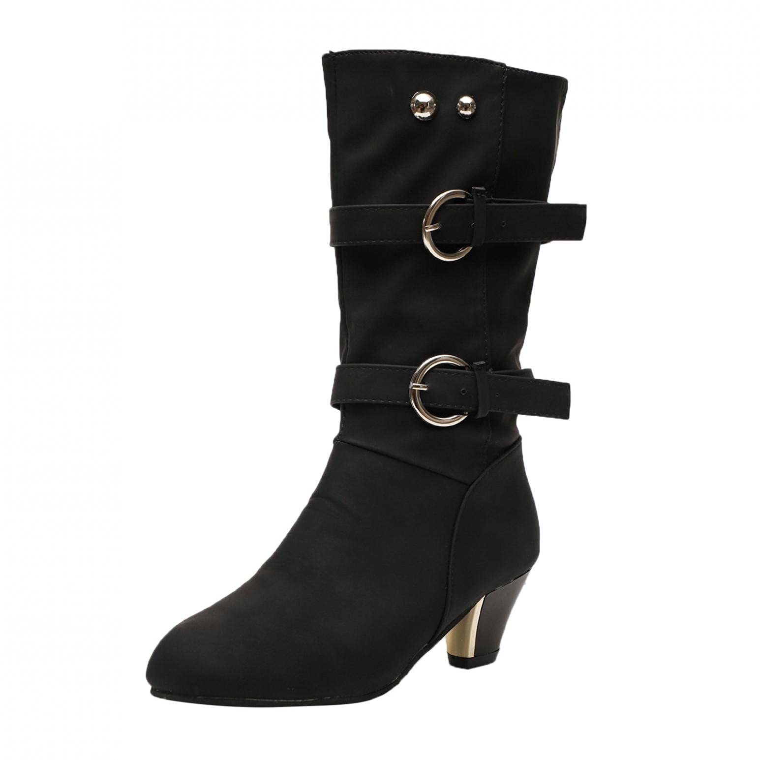 NOLDARES Women's Mid Calf Boots Pointed Toe Pull On Embroidery Mid Heel Cowgirl Boots Women Chunky Heel Boots