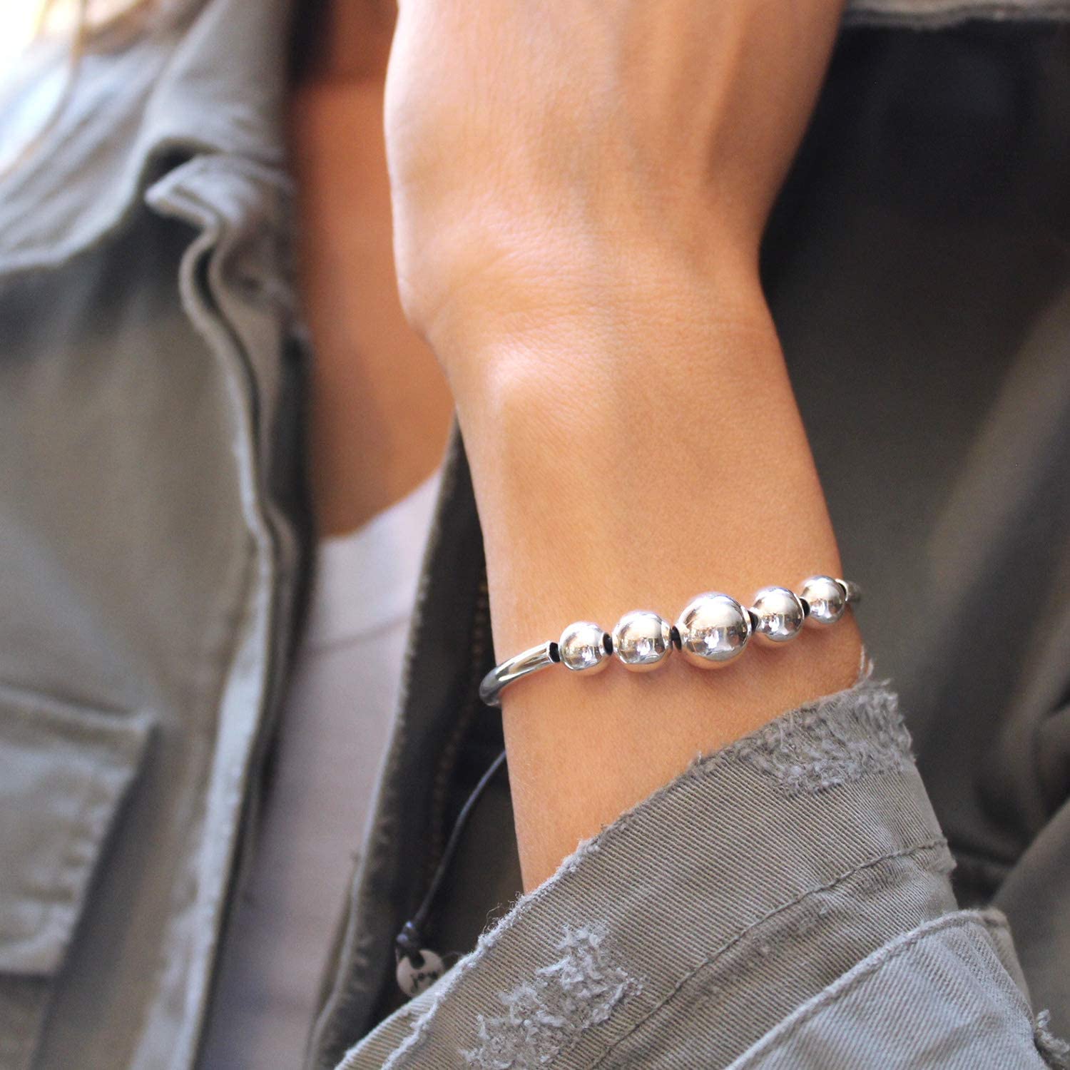 Lizzy James Wisdom Adjustable Black Leather Bracelet with Silver Plated Beads