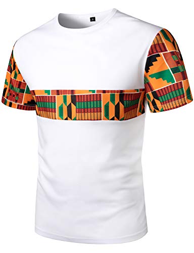 LucMatton Men's Summer 2 Piece African Pattern Printed T-Shirt and Shorts Set Sports Mesh Tracksuit Dashiki Outfits White Large