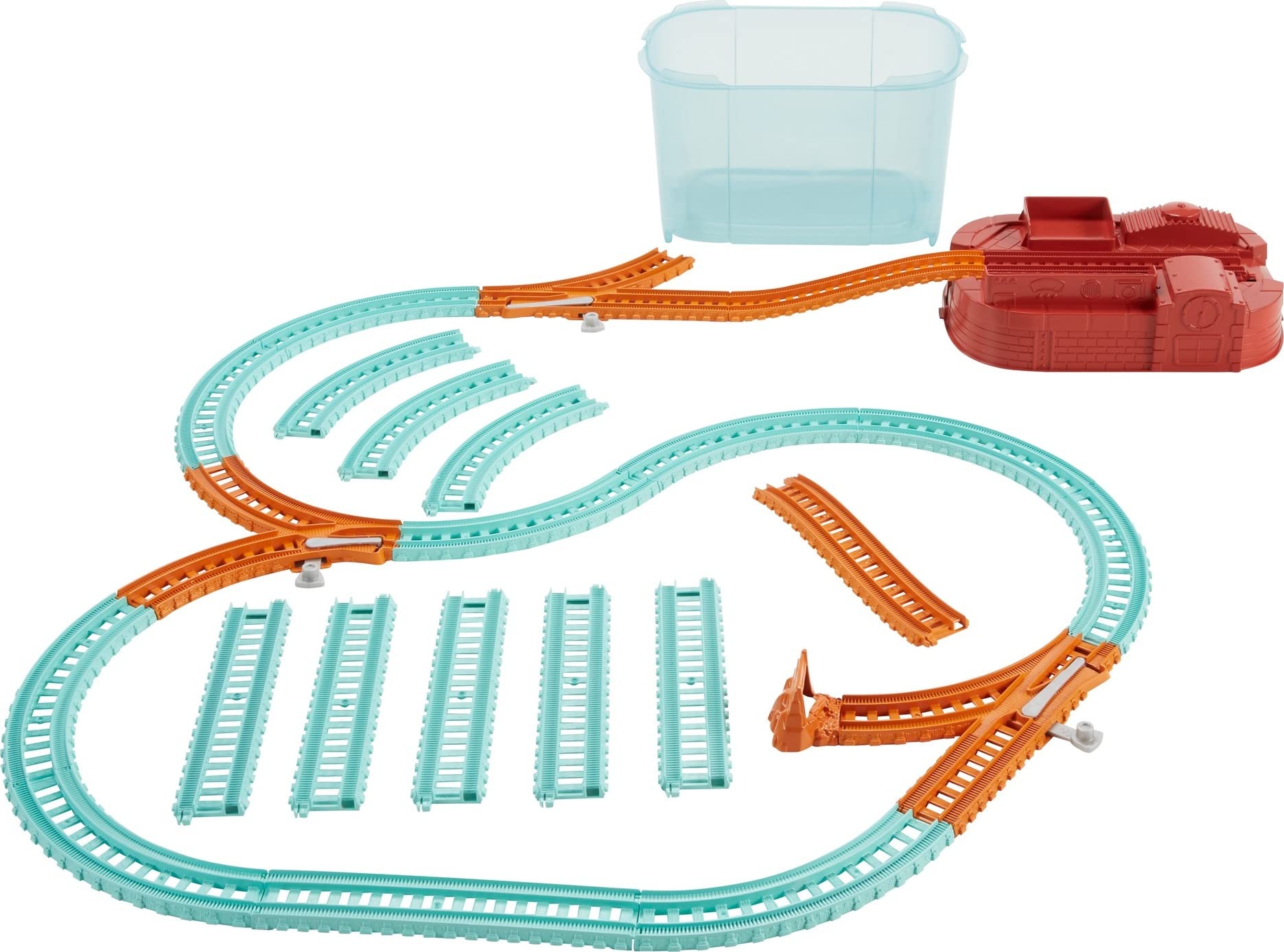 Thomas & Friends Thomas, Nia, Percy, & Kana Motorized 4-Pack Train Engine Set for Preschool Kids Ages 3 and up & Trackmaster Builder Bucket, Storage Container with 25 Train Track and Play Pieces
