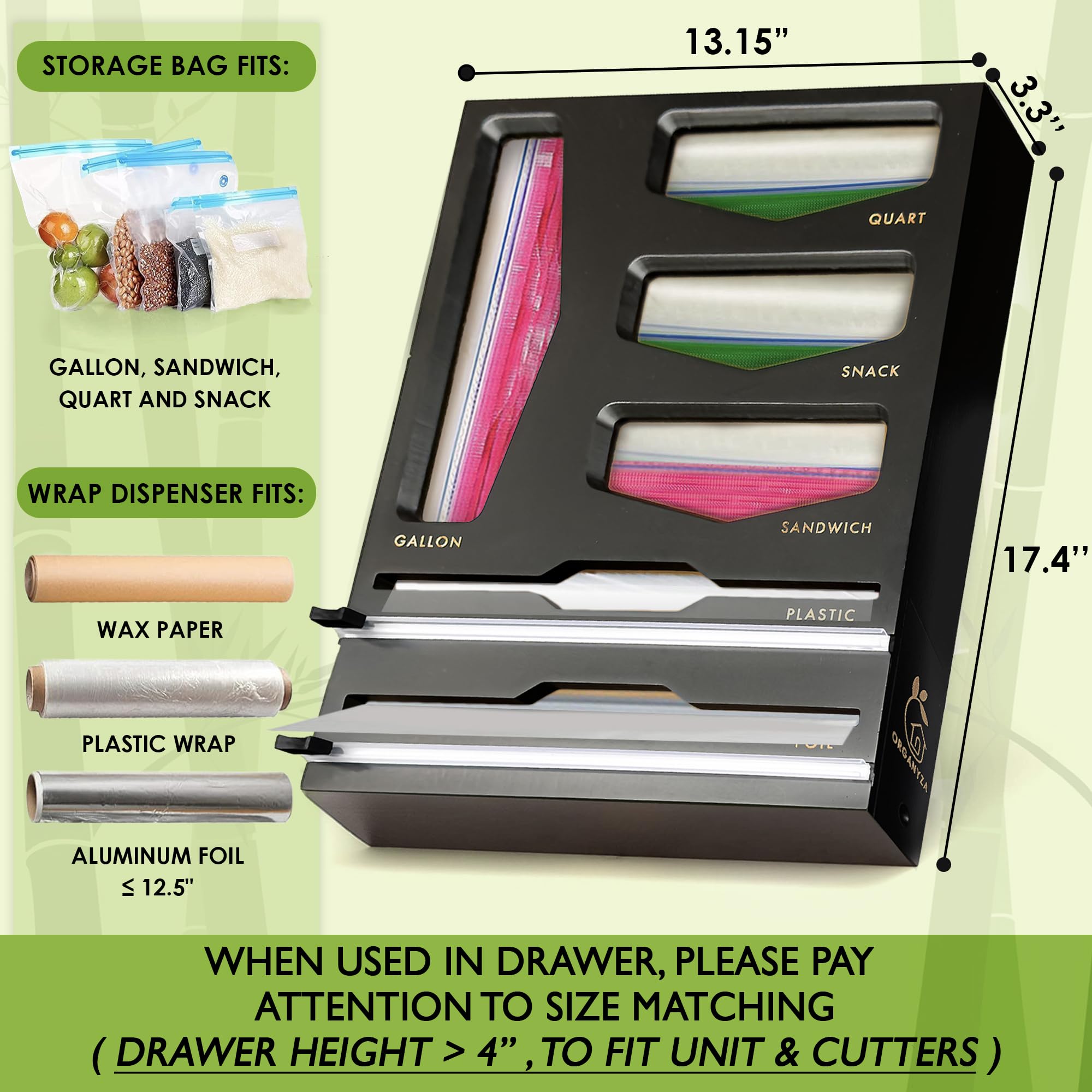 ORGANYZA Ziplock Bag Organizer and Plastic Wrap Dispenser with Cutter-100% Bamboo storage bag organizer 6 In 1 with aluminum foil dispenser, includes 4 Plastic bag dispenser, 2 kitchen wrap organizer.